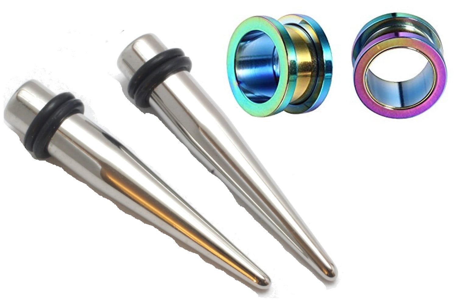 Pair 1/2" 12mm Surgical Steel Tapers and Rainbow Screw Tunnels Ear ...