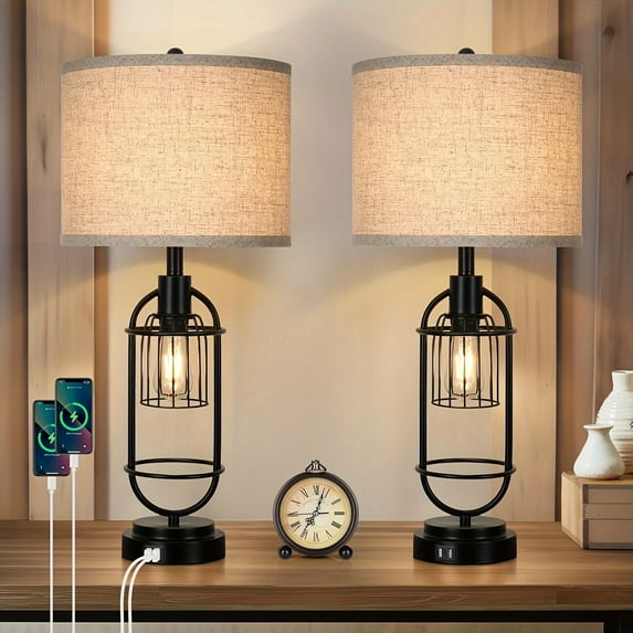 A Pair of Table Lamps Designed for The Living Room Featuring USB Ports ...