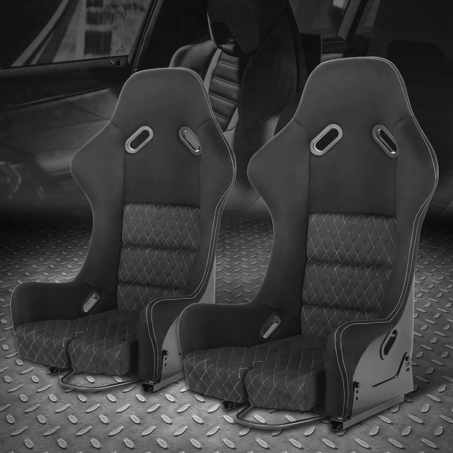 Pair Universal Black Suede Leather Fixed Position Racing Bucket Seats w ...