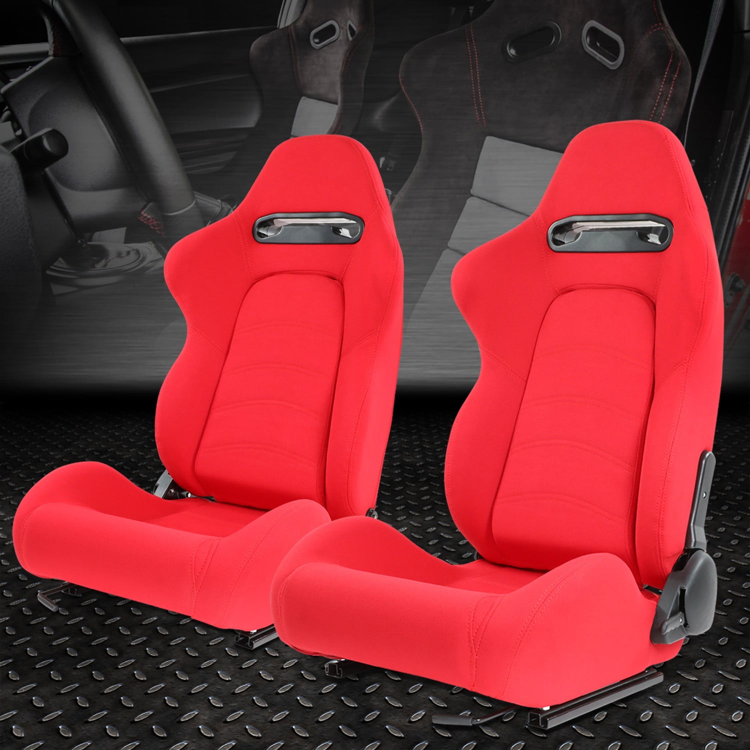 Pair Universal Red Woven Fabric Reclinable Racing Seats w/ Bottom Mount ...