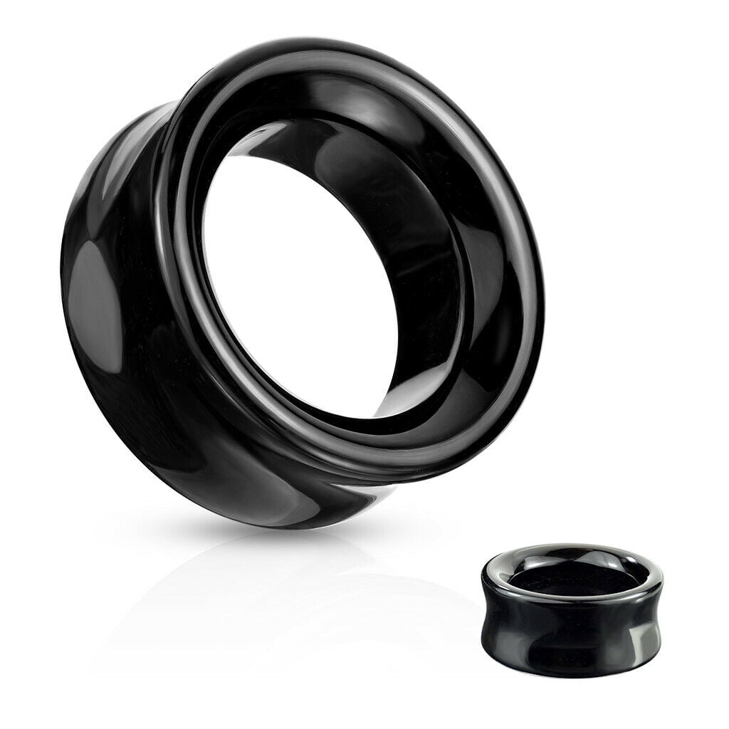 Pair of 00 GAUGE Double Flare Hollow Tunnel Solid Black Stone Obsidian ...