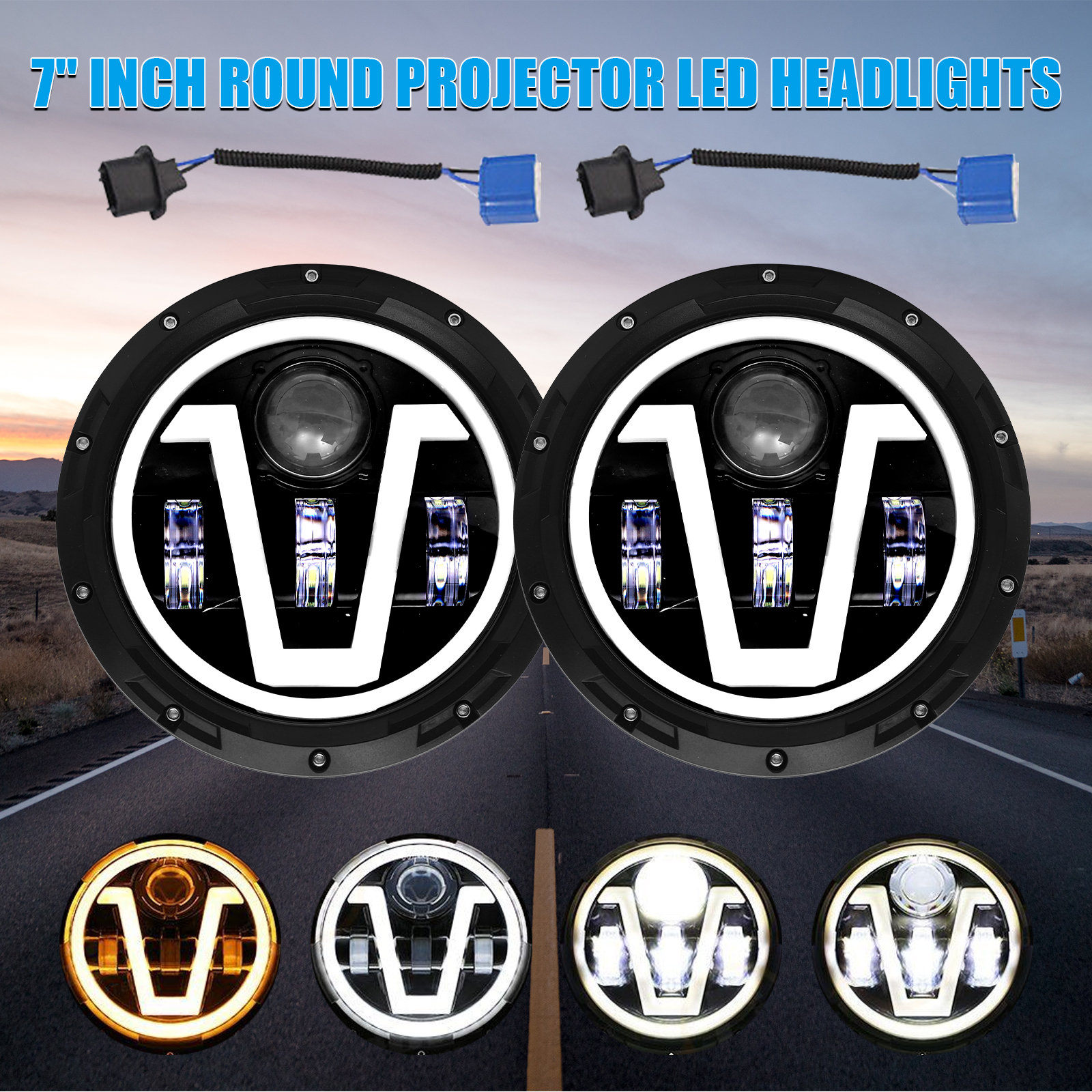 Pair of 7" inch Round Projector LED Headlights High beam/Low Beam/DRL ...