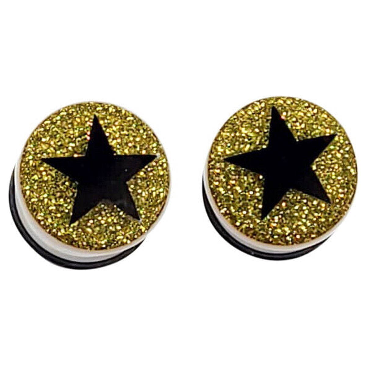 Pair of Acrylic O-ring Ear Plugs Gauges Black Star Gold Glitter Design ...