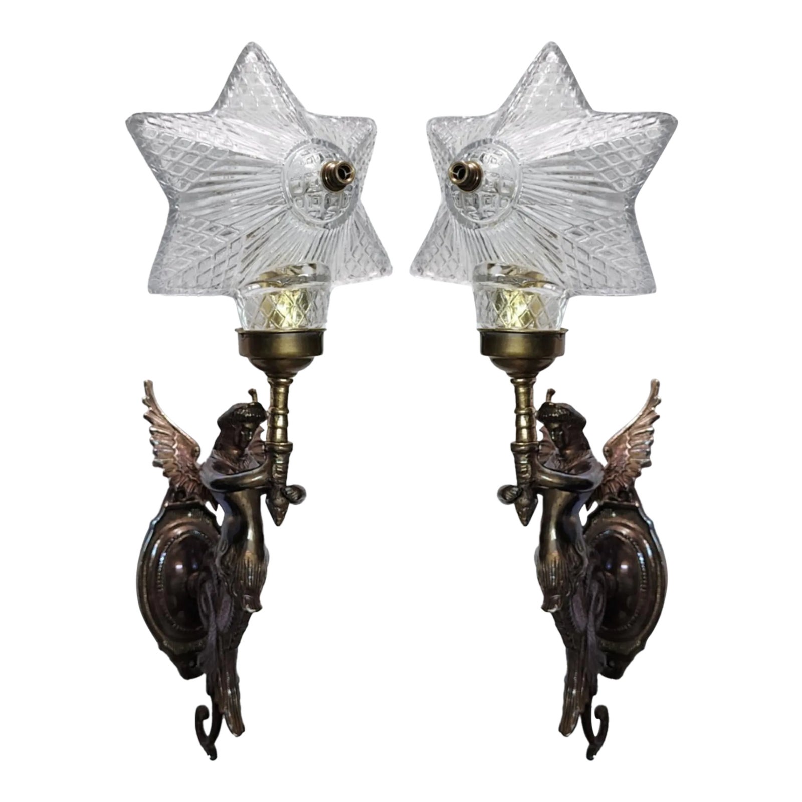 Pair of Antique Bronze Winged Angel Wall Sconces with Star Glass Shades ...