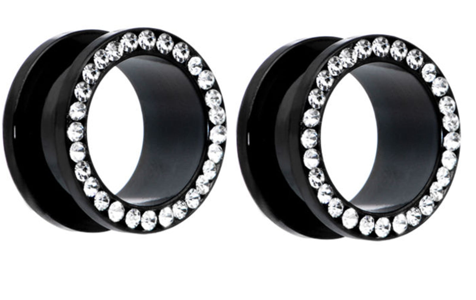 Pair of Black Titanium Clear Gem Screw Gauges Tunnels Steel Ear Plugs ...