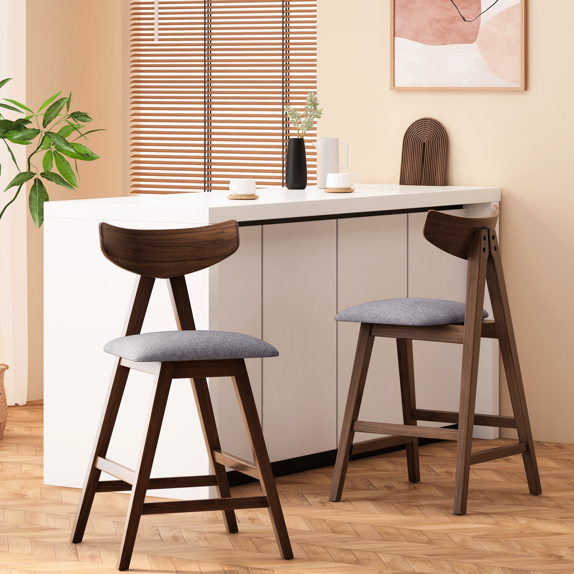 Pair of Counter Stools / Upholstered Seating, Natural-grain Rubberwood ...