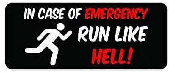 Pair of In case of emergency run like hell funny hard hat/helmet vinyl ...