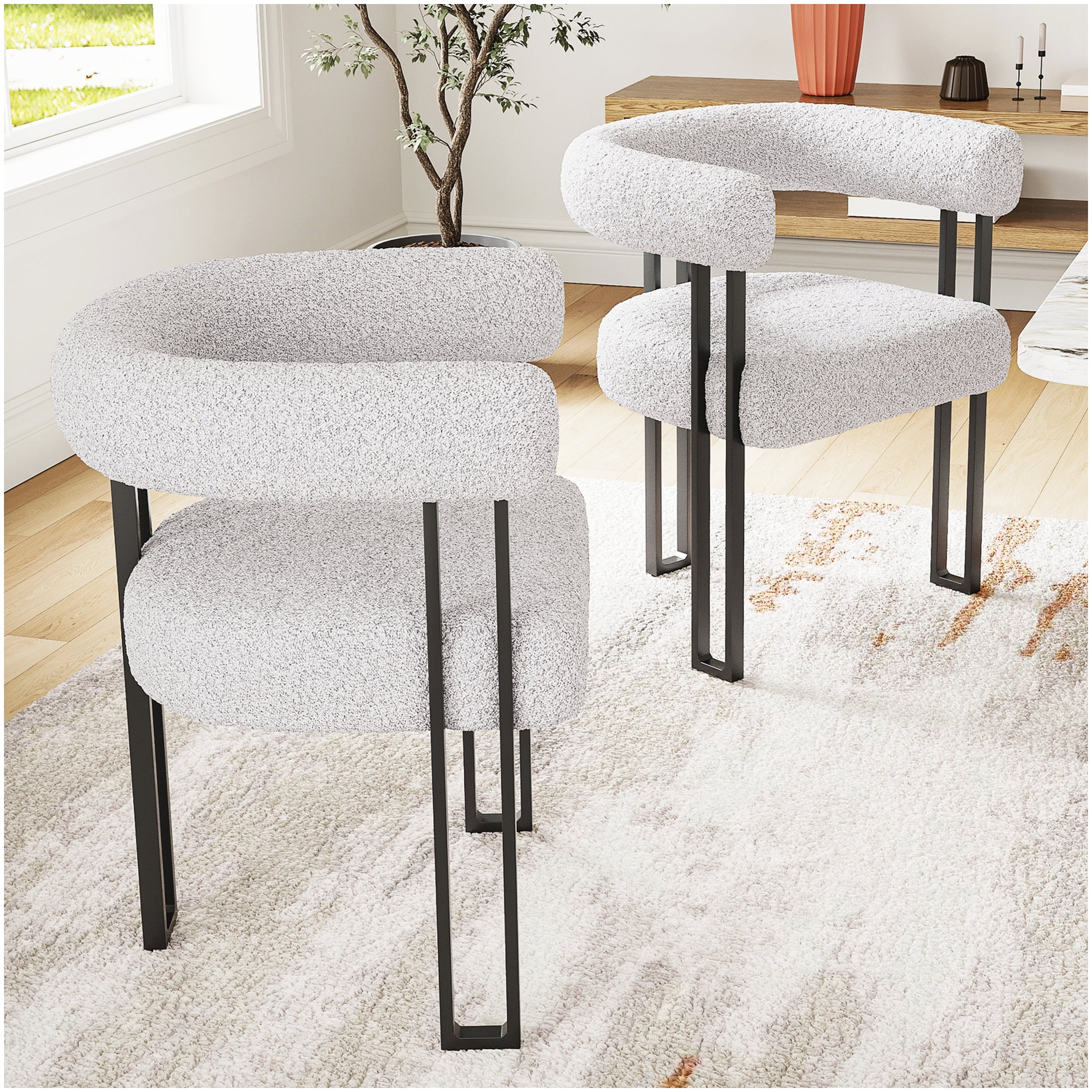 Pair of Light Grey Modern Dining Chairs with Boucle Fabric, Metal Frame ...