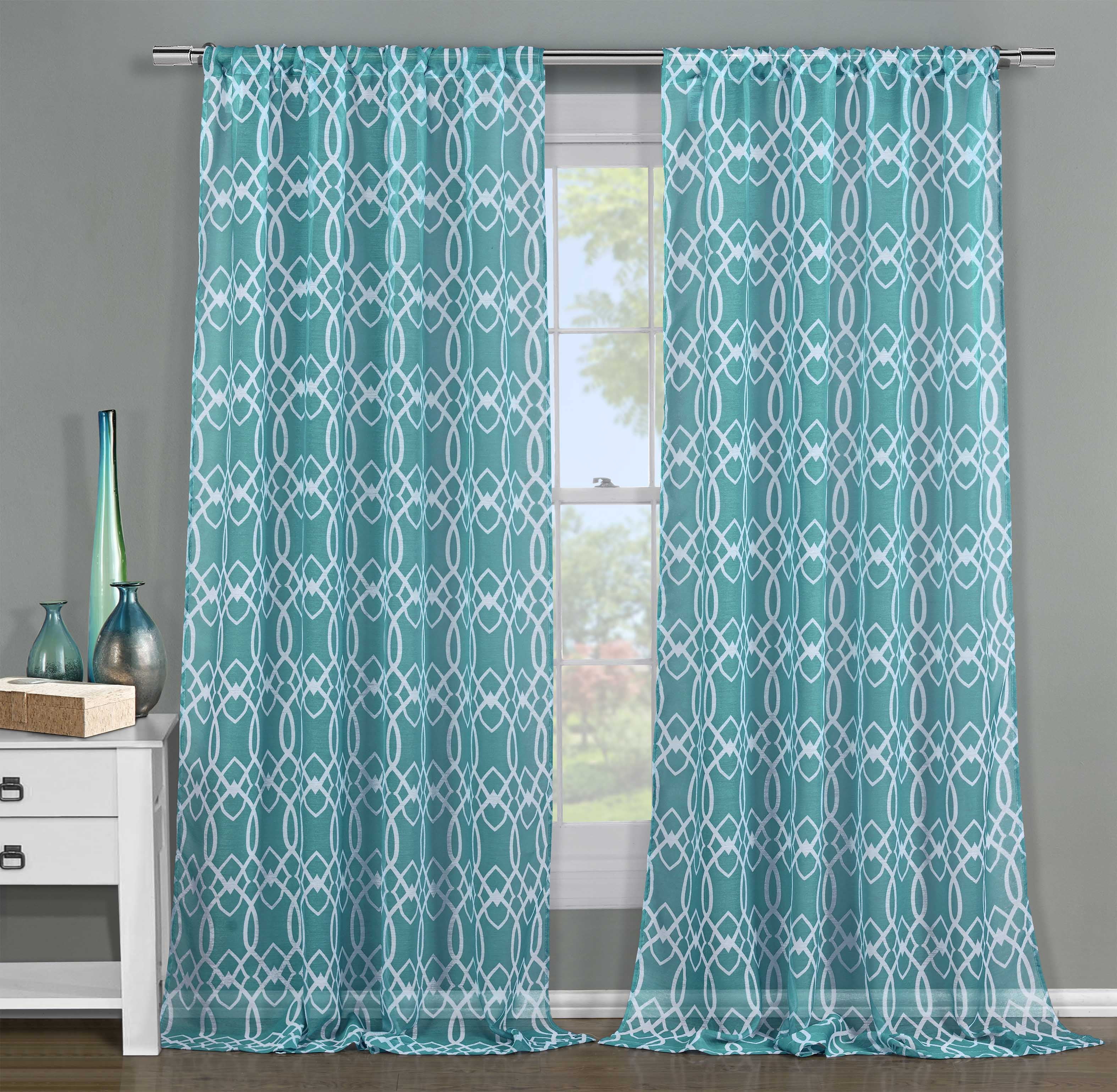 Pair of Textured Sheer Window Curtain Panels for Living Room: Teal ...