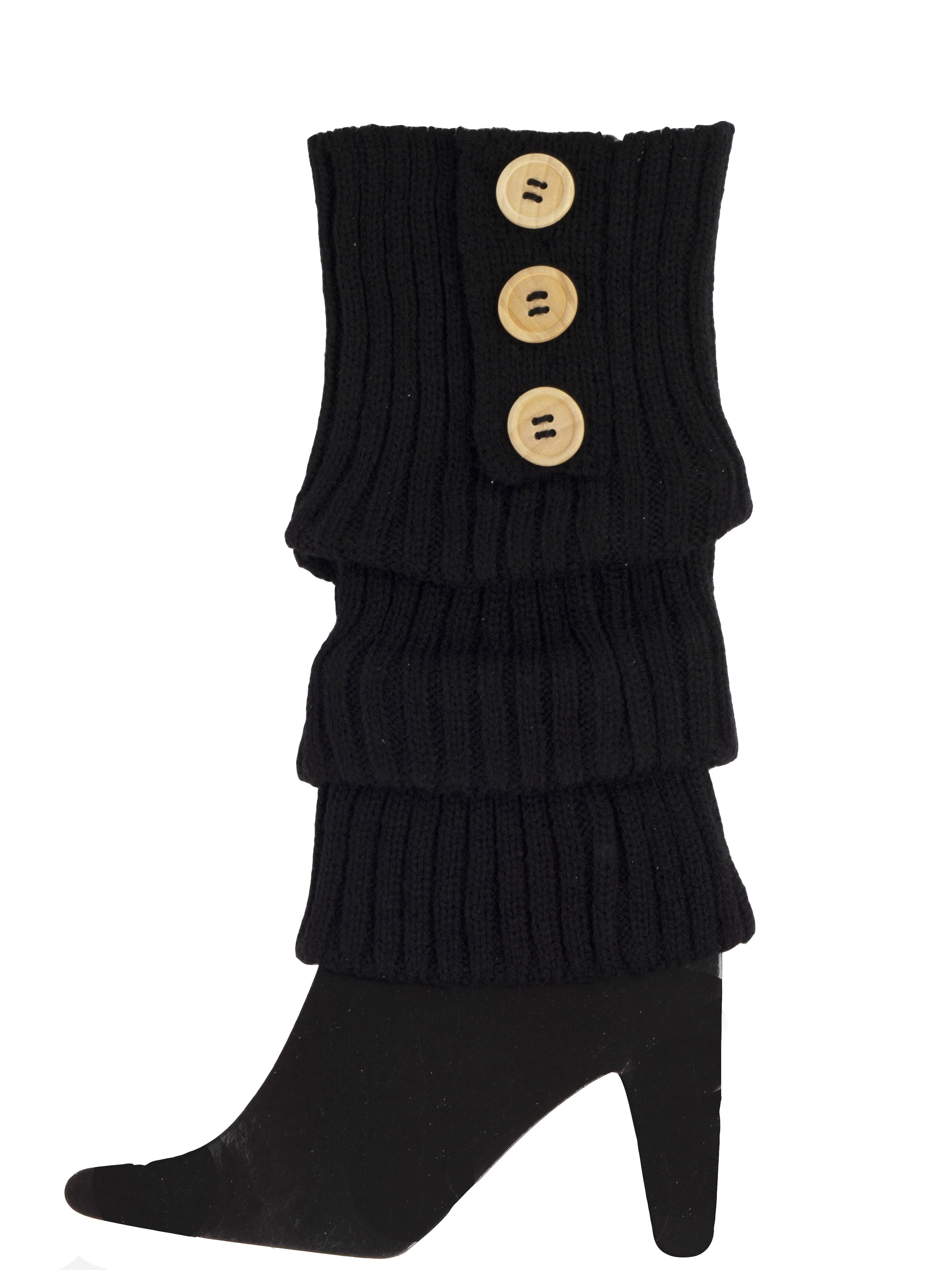 Pair of Three Button Layered Trimmed Ribber Leg Warmers, Black ...