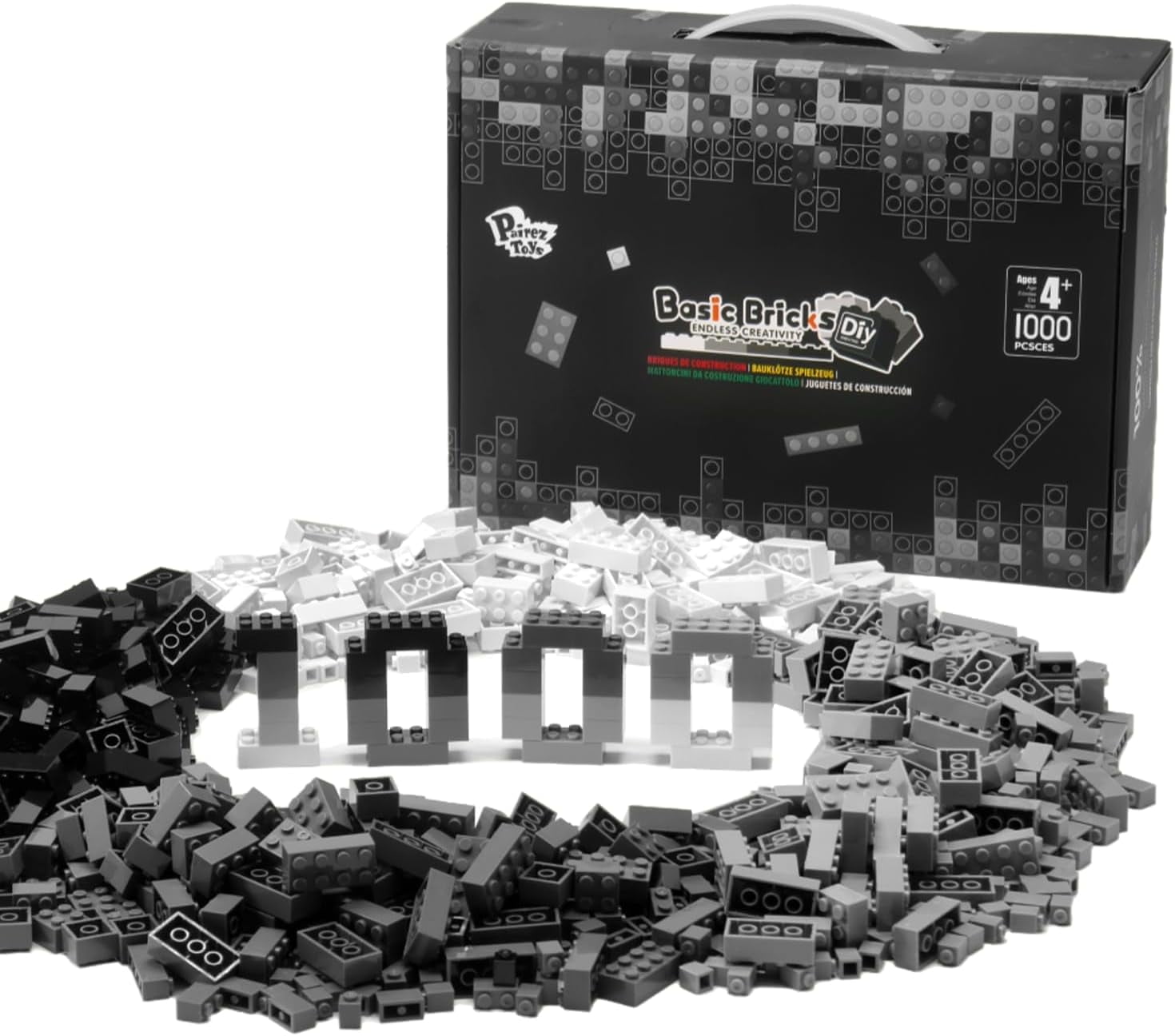 Pairez Toys Building Bricks 1000 Pieces in Black, Grey & White Colors ...