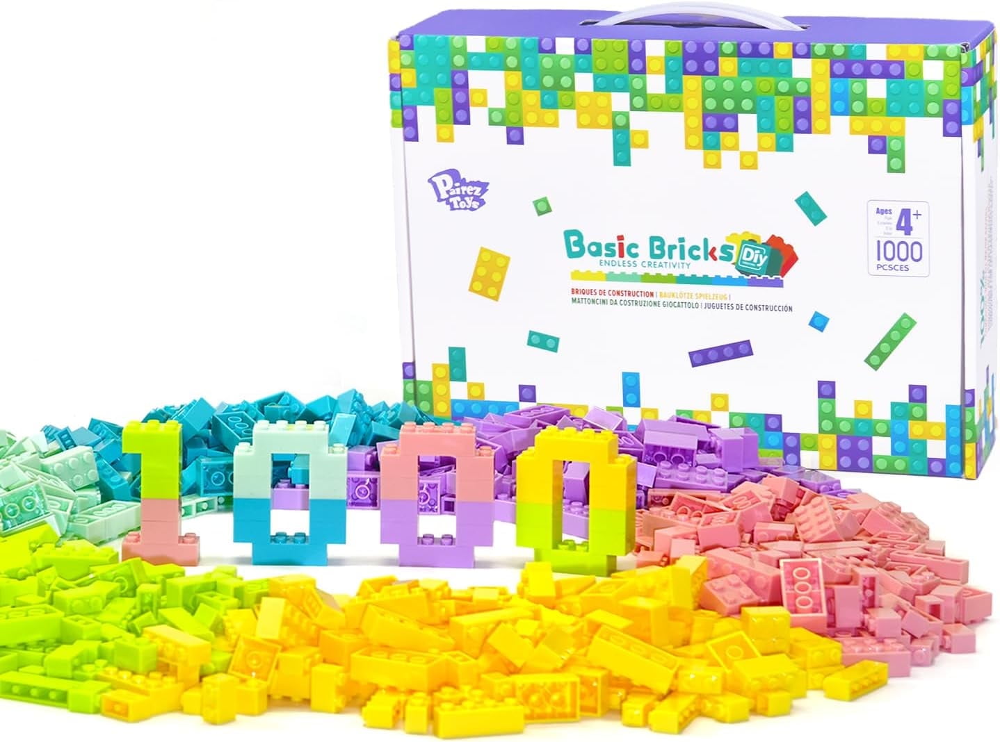 Pairez Toys Classic Bricks 1000 Pieces Set, Basic Bricks in 6 Size & Pastel Color, Building ...