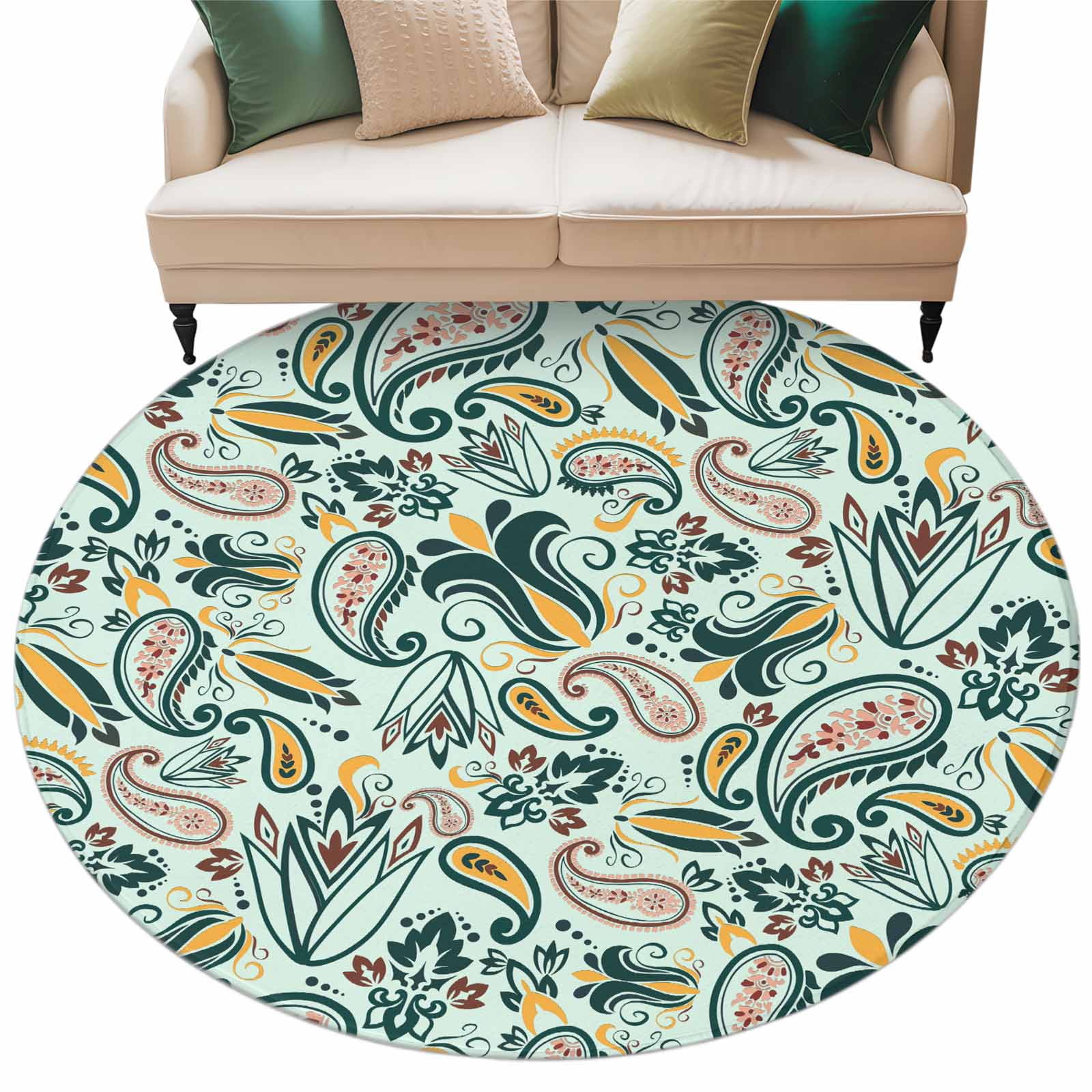 Paisley Area Rug, Green Flowers Washable Large Circle Carpet, Non Slip ...