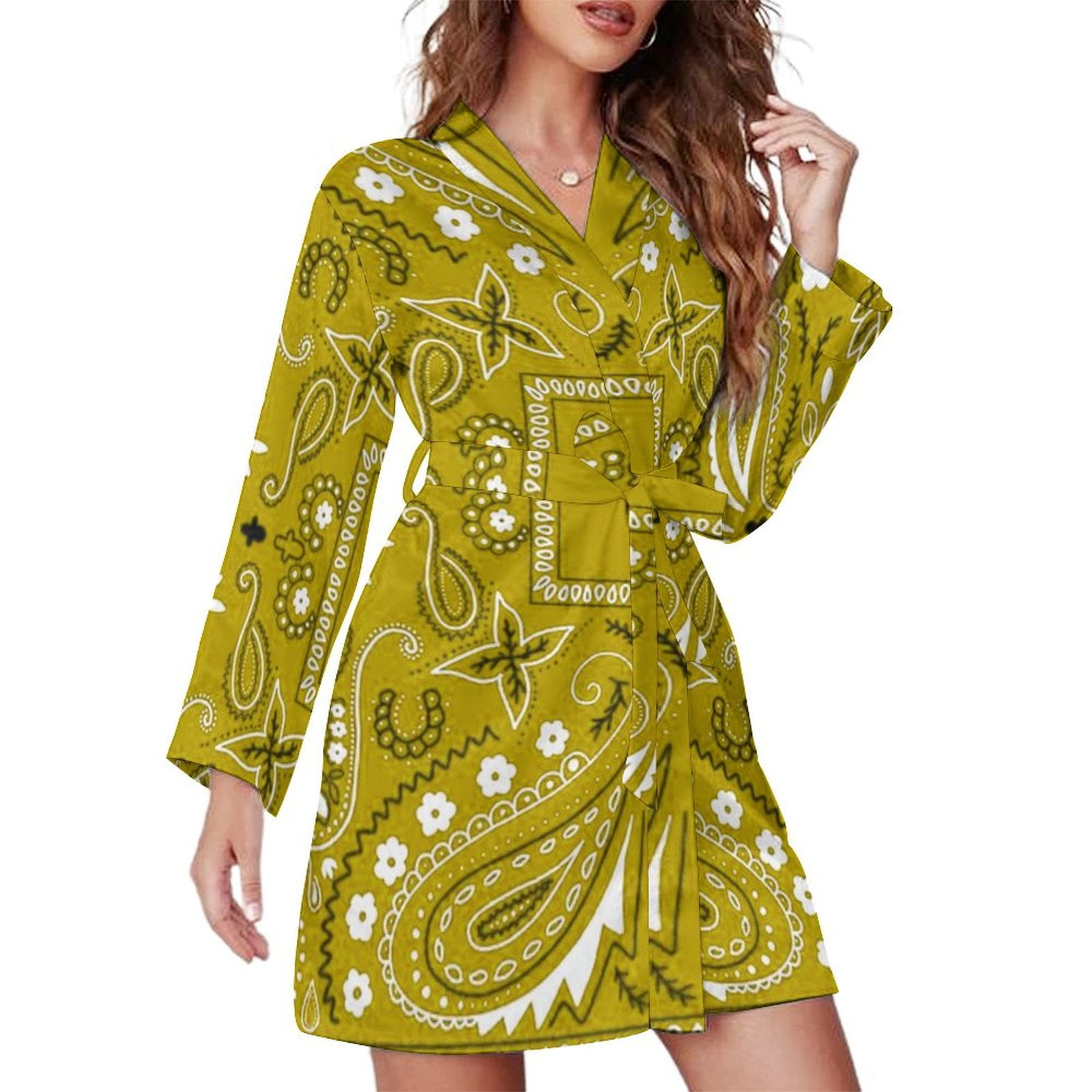 Paisley Bandana Pattern Yellow Night Robe Long Sleeve V Neck Robe With ...