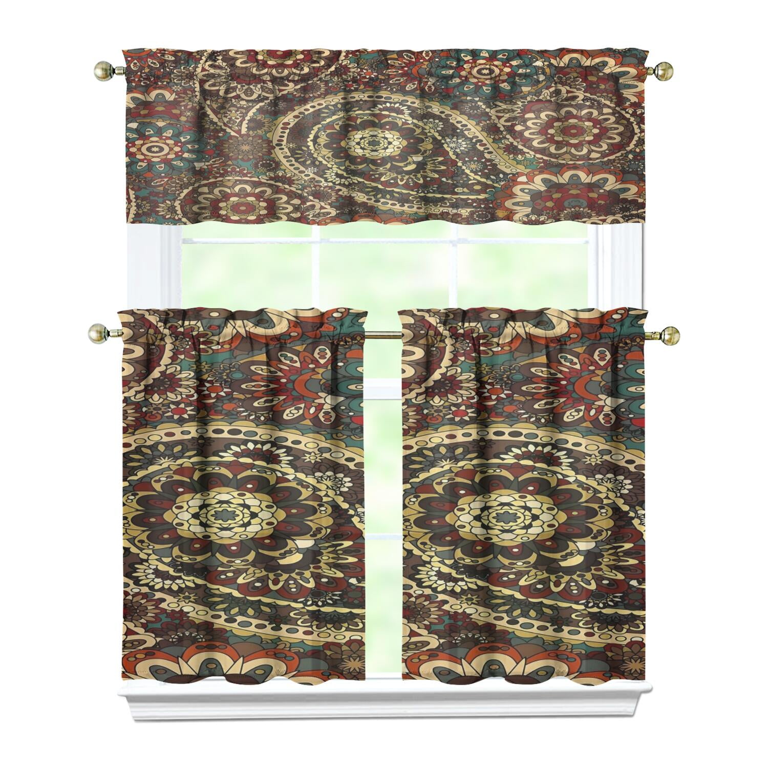 Paisley Design Kitchen Curtain Valance 3 Piece Set Farmhouse Kitchen ...