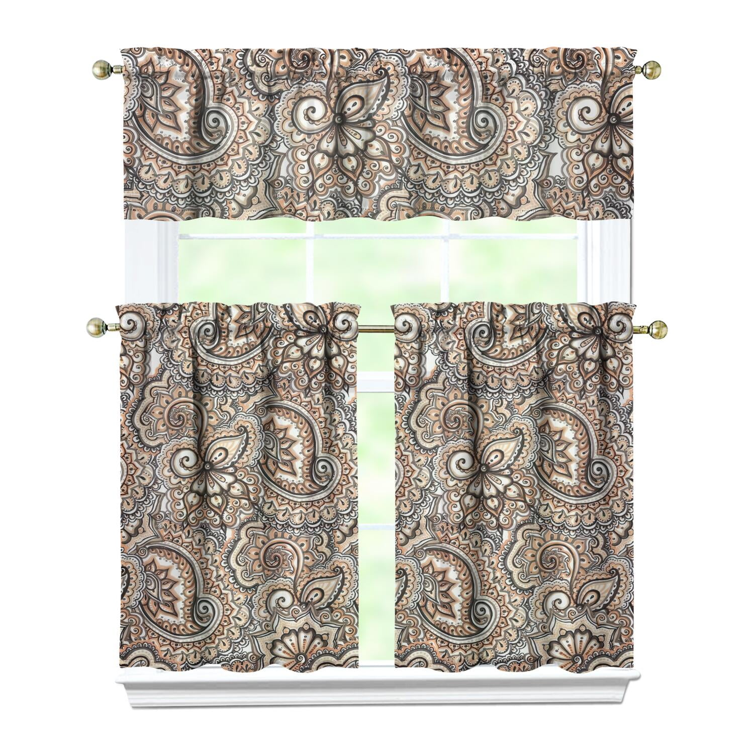 Paisley Design Kitchen Curtain Valance 3 Piece Set for Home Interior ...