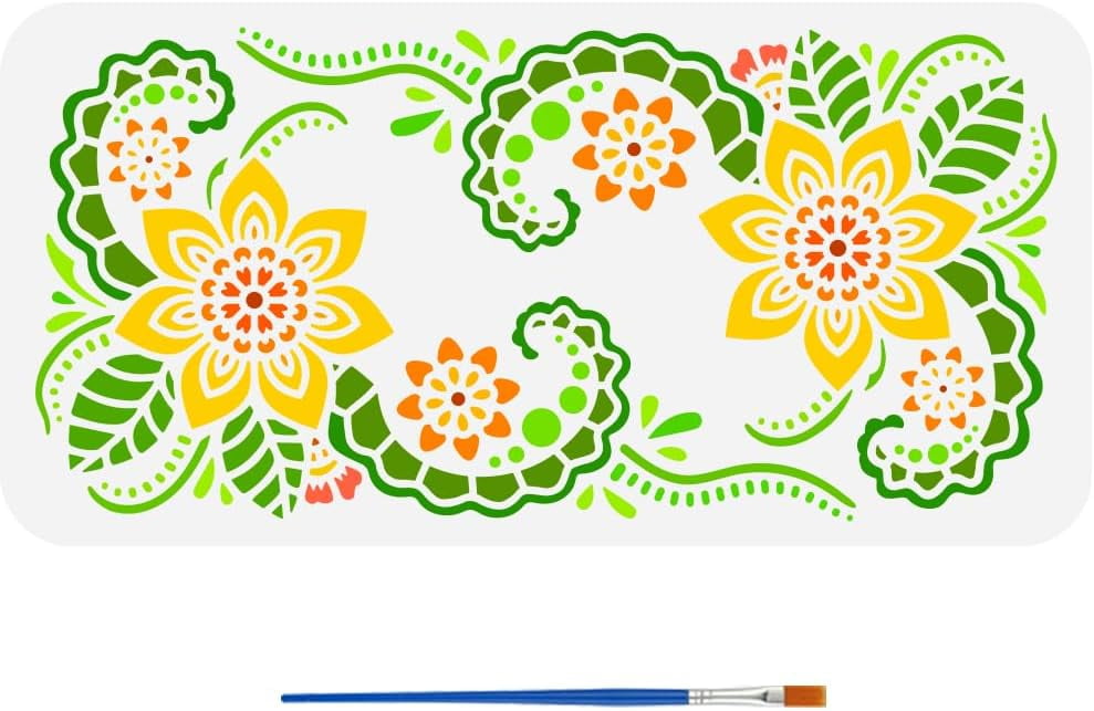 Paisley Flower Corners Drawing Stencil with A Paint Brush 5.9x11.8inch ...