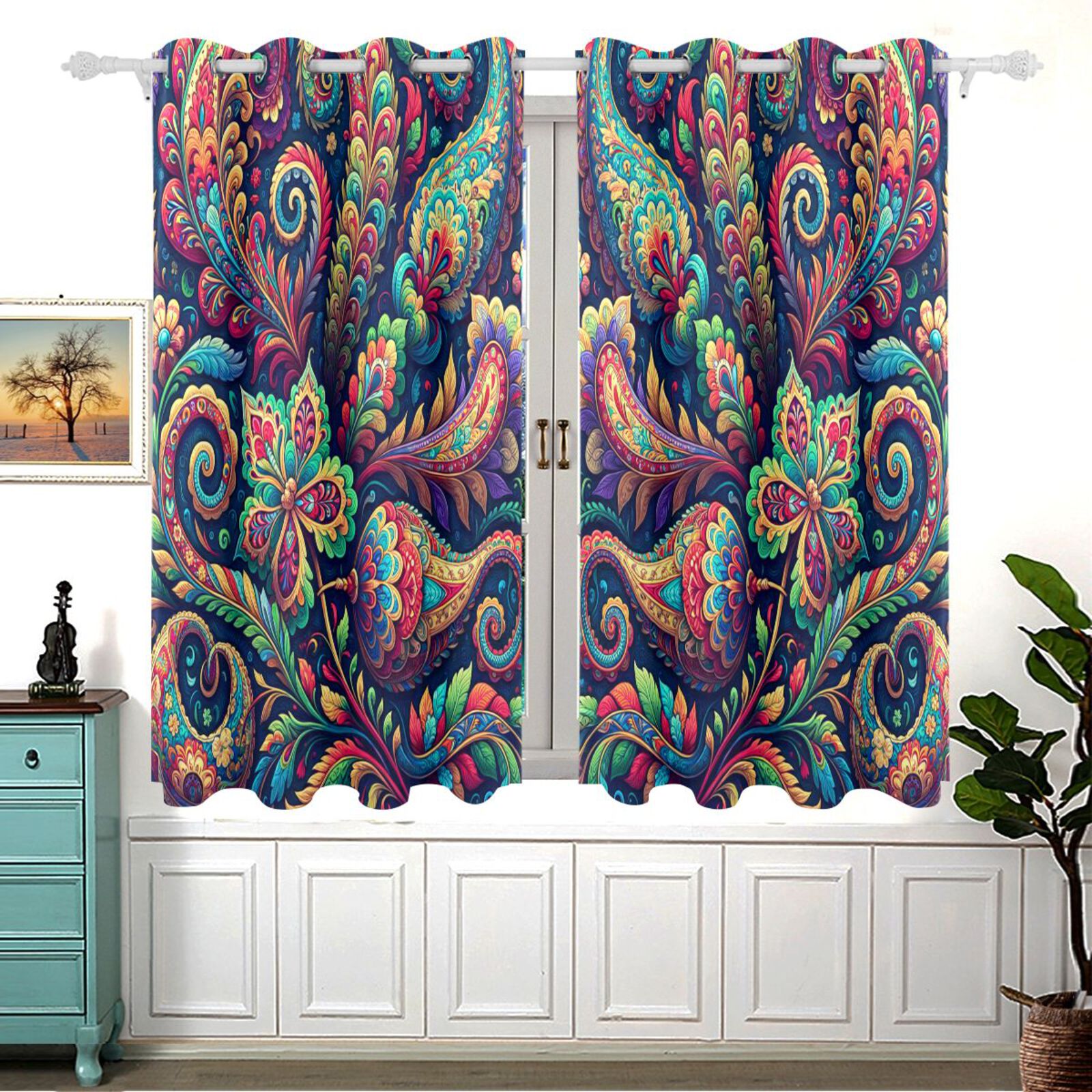 Paisley Flowers Leaves Curtains Grommet Black Out 54 Inch Length ...