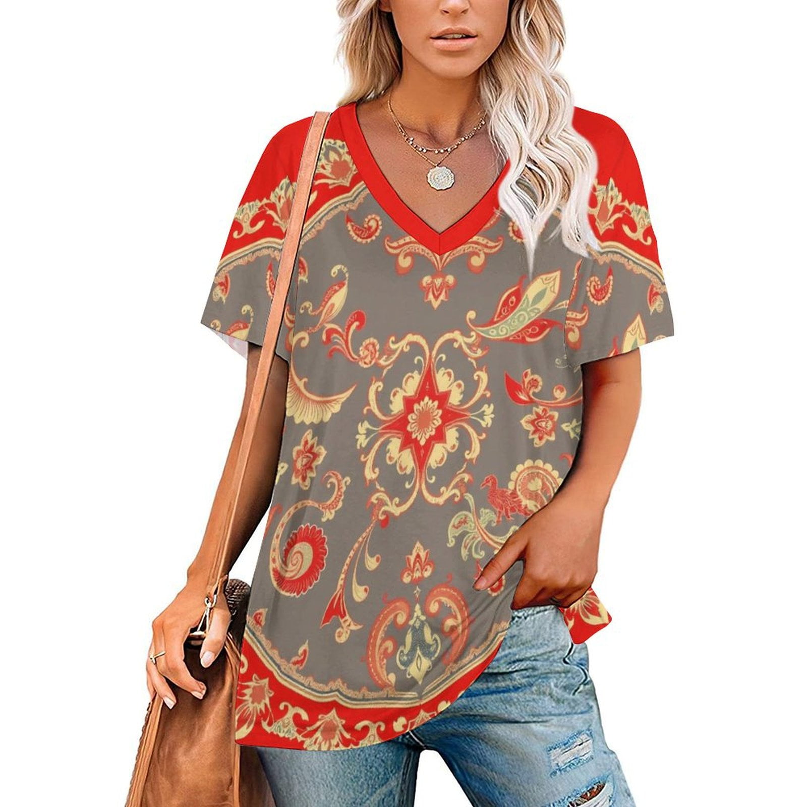 Paisley Print V Neck Fashion Oversize T-Shirt Short Sleeve Aesthetic ...