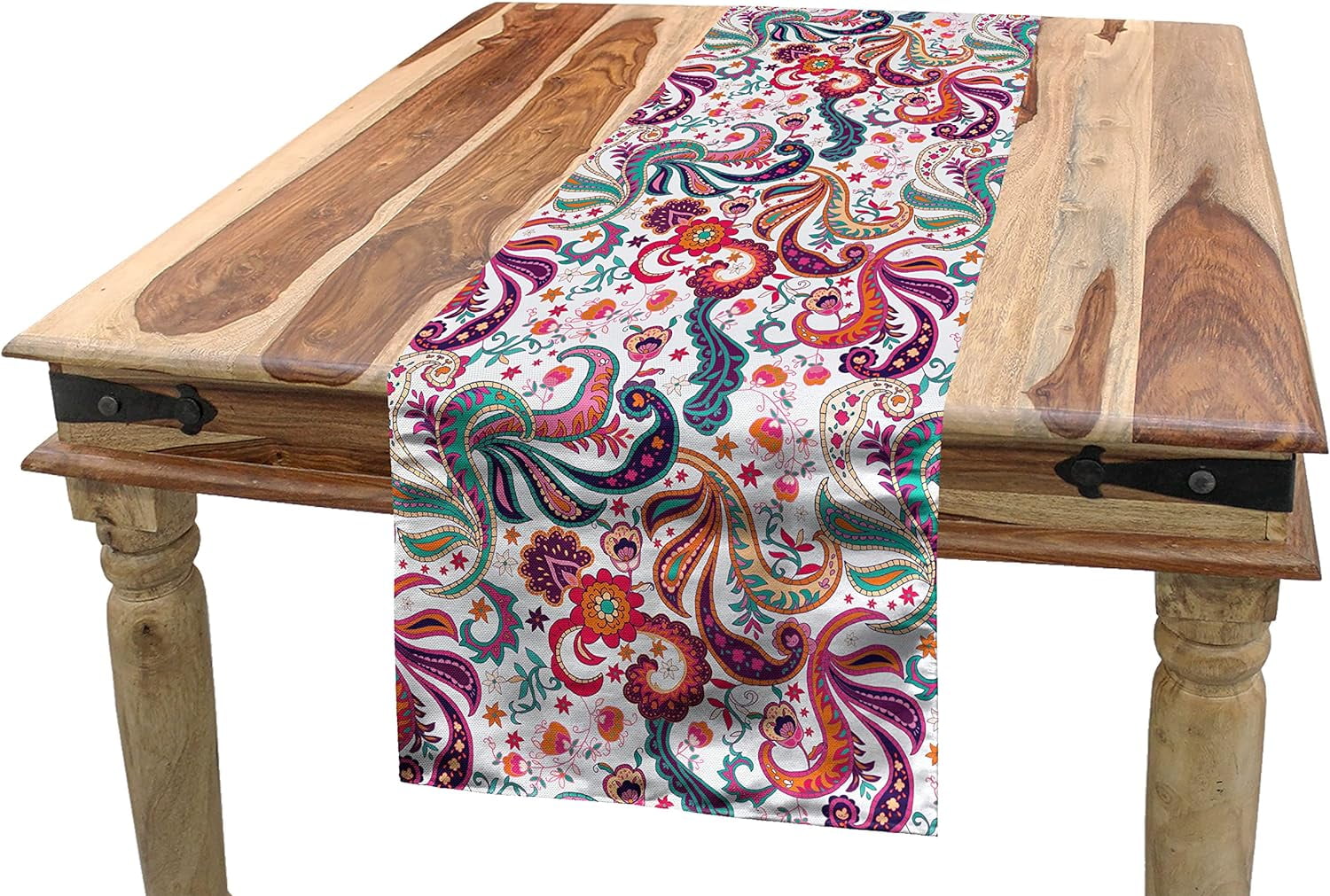 Paisley Table Runner, Paisley Hand Drawn Motif Colorful Flowers And ...