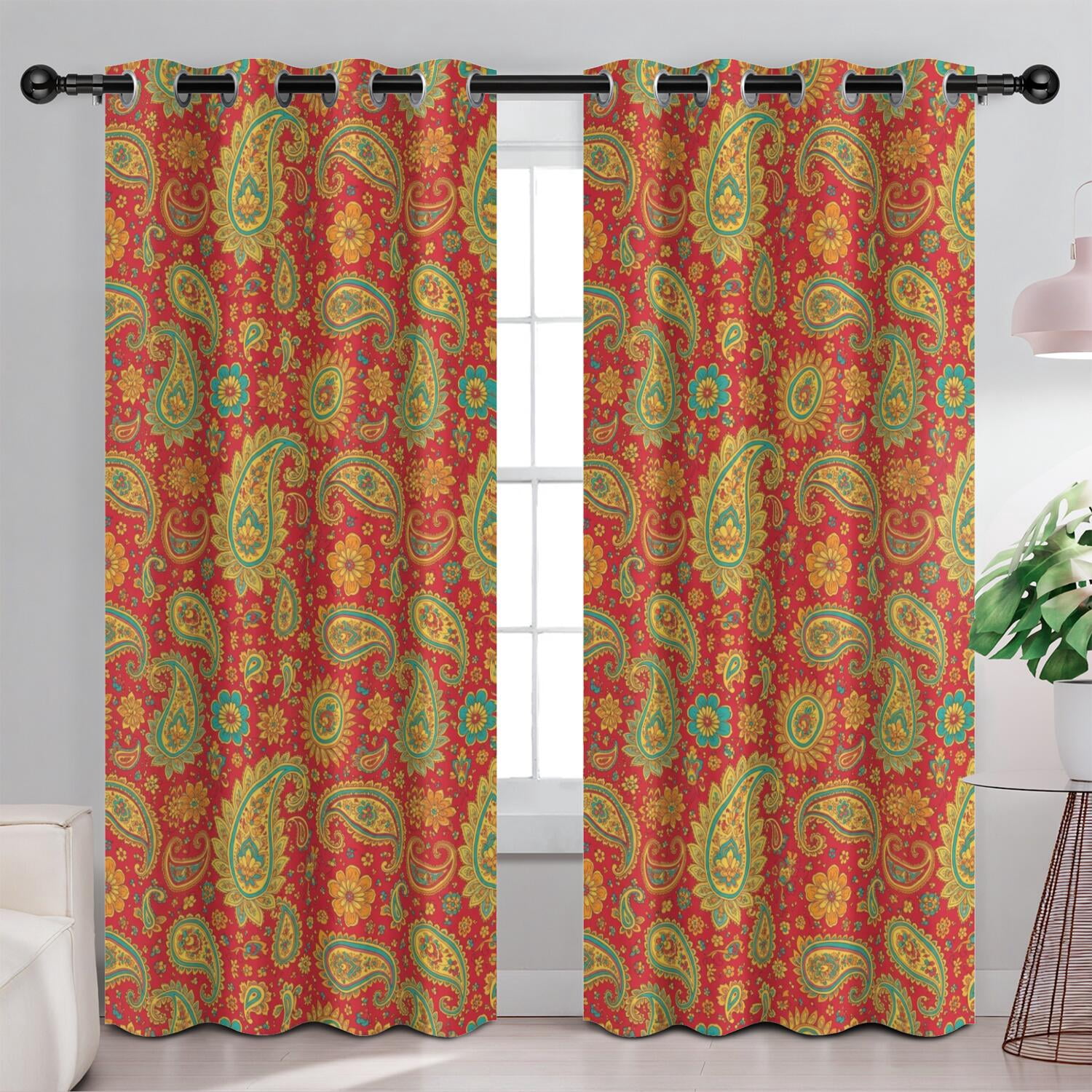 Paisley and Floral Red Pattern Blackout Curtains,Triple Weaved Fabric ...