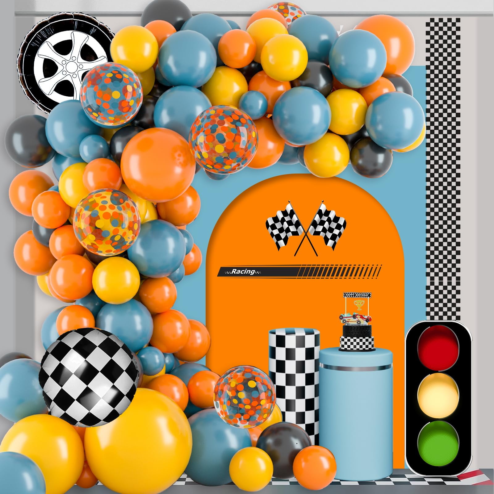 Paivanwoo Race Car Balloon Arch Kit NSD3 18/12in Dusty Blue Black Orange Latex Balloons with ...