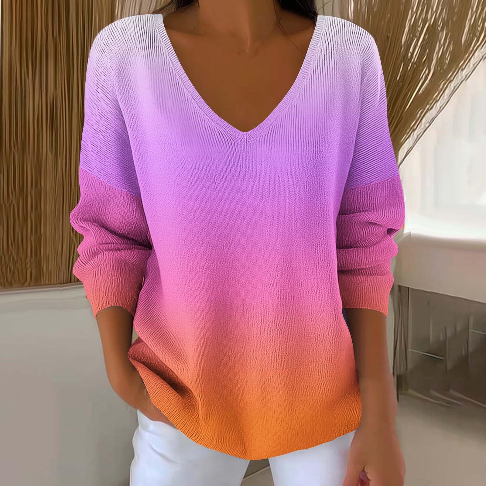 Paiwinds Gradient Floral V-Neck Long Sleeve Sweatshirt with Vibrant ...