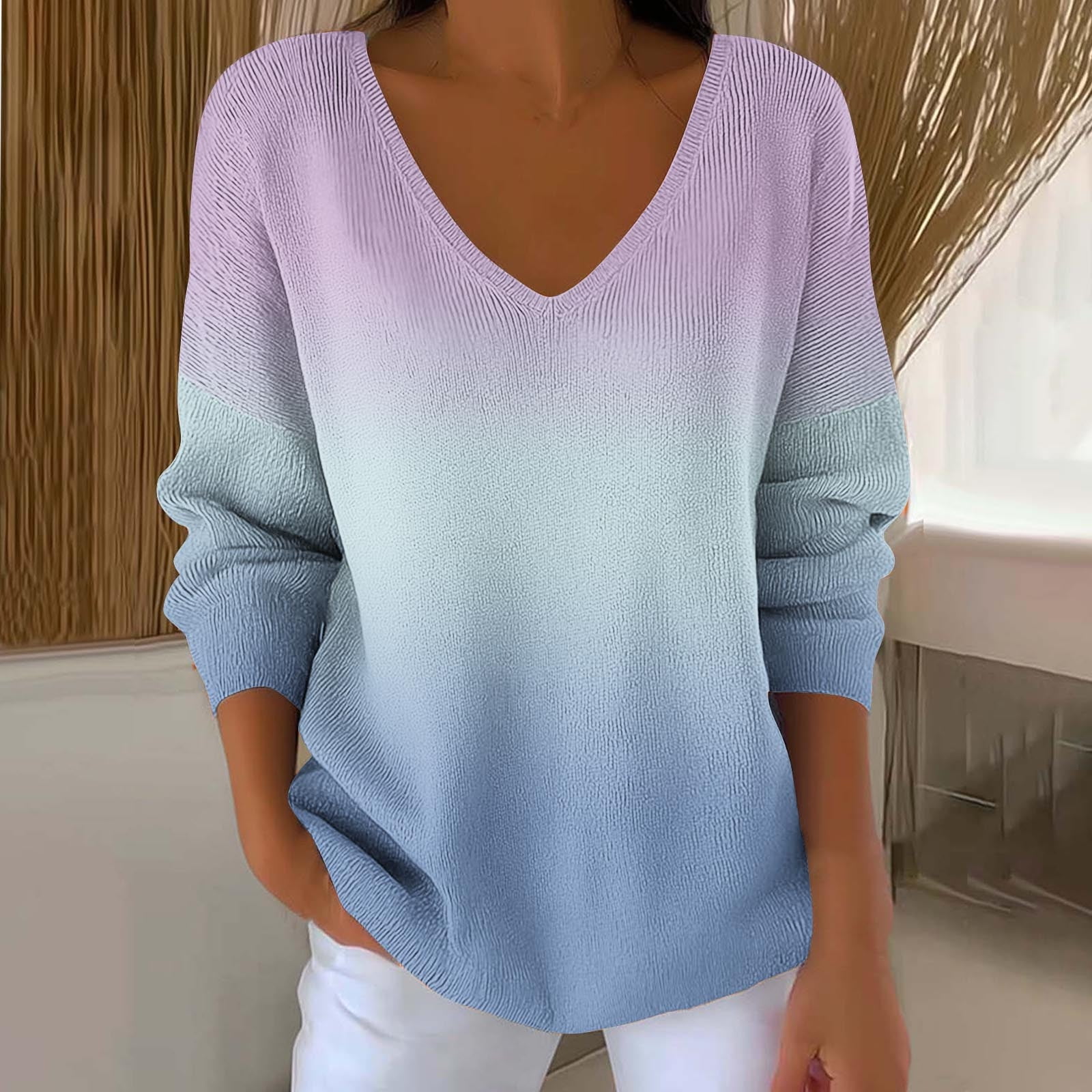 Paiwinds Gradient Floral V-Neck Long Sleeve Sweatshirt with Vibrant ...
