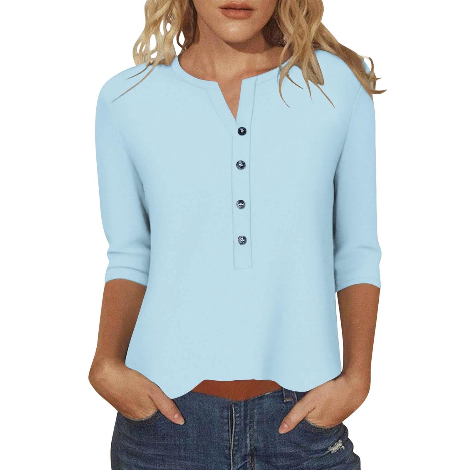 Paiwinds Women's Button V-Neck 3/4 Sleeve T-Shirt, Casual Loose Top ...