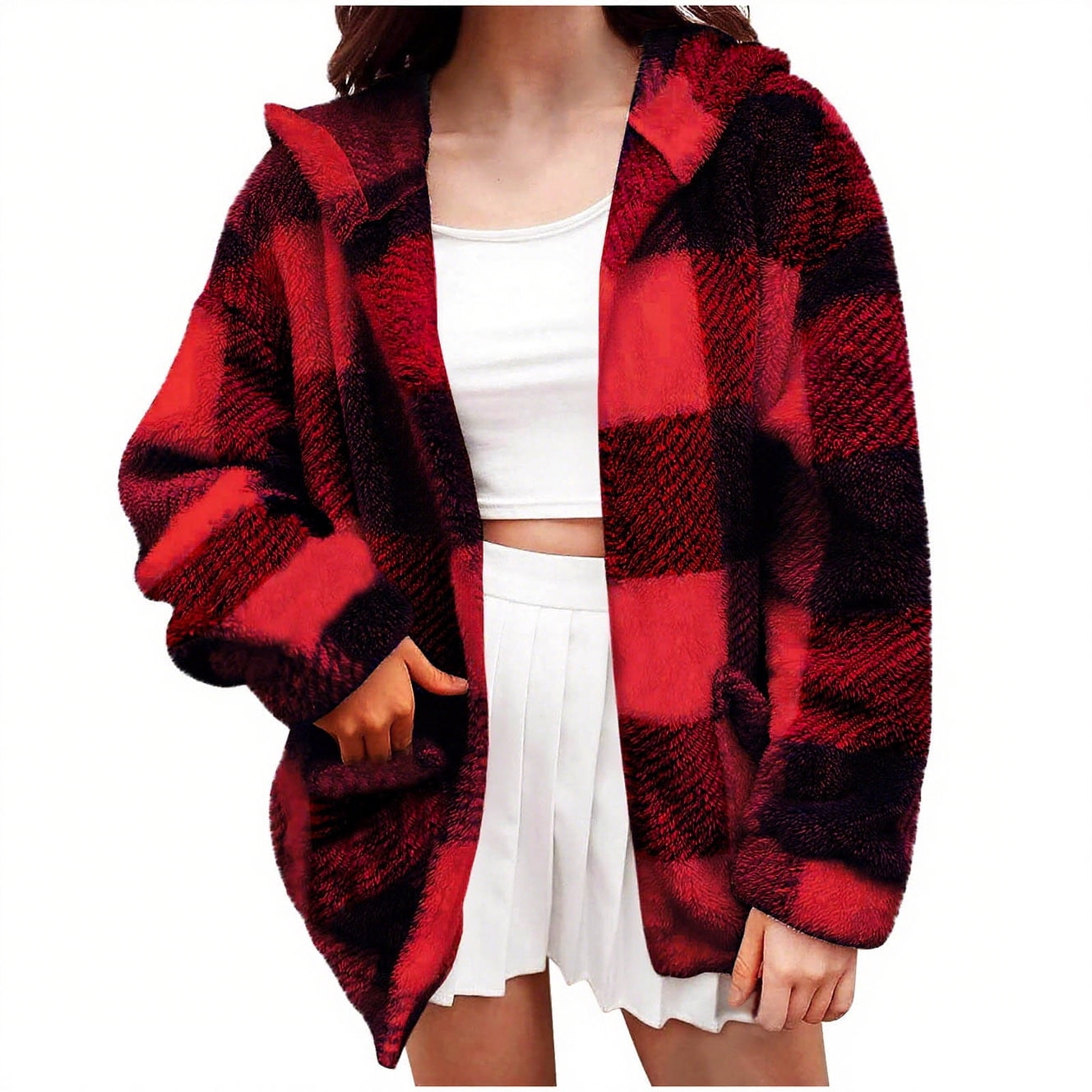 Paiwinds Women's Hooded Overcoat with Checkered Pattern and Full ...