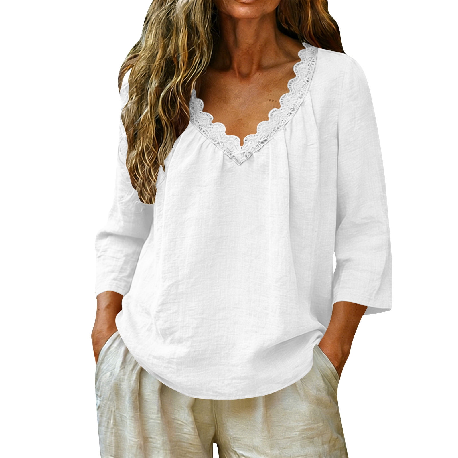 Paiwinds Women's V Neck Lace Trim Top Casual Solid Color 3/4 Sleeve ...