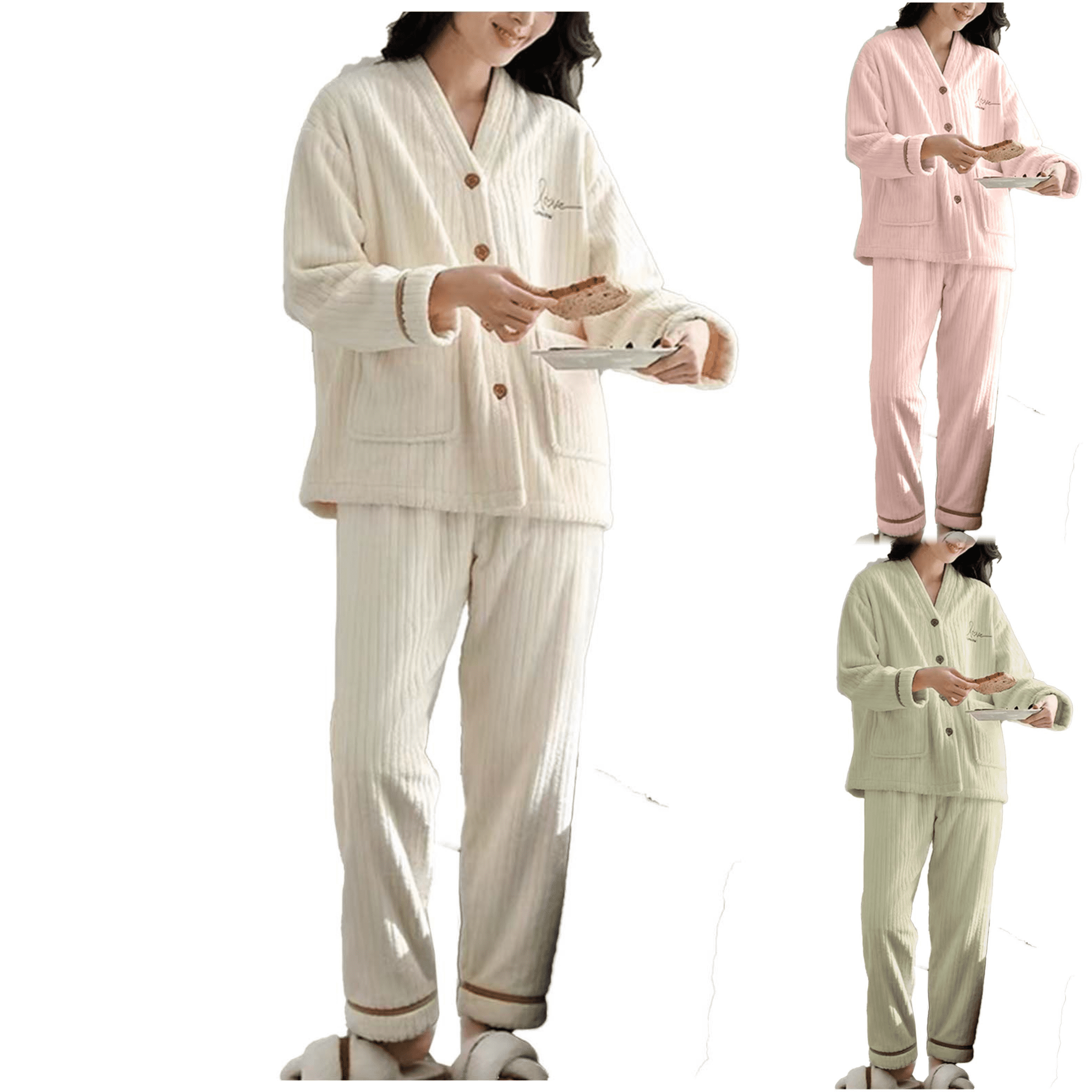 Paiwinds Women's Winter Flannel Pajama Set V-Neck Embroidered Pocket ...