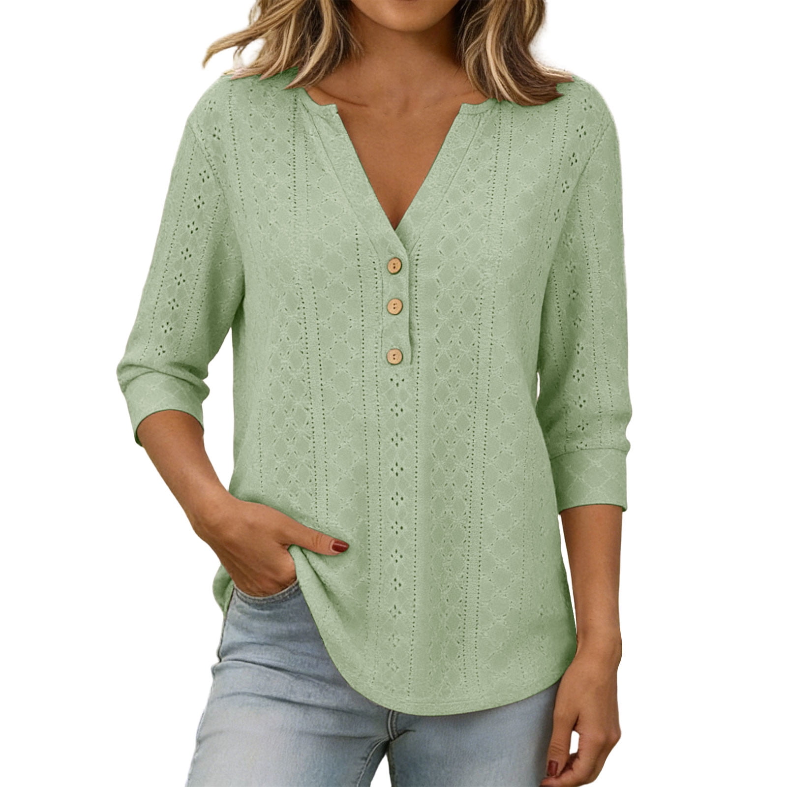Paiwinds Womens 3/4 Sleeve V-Neck Button Down Blouse Casual Loose Fit ...