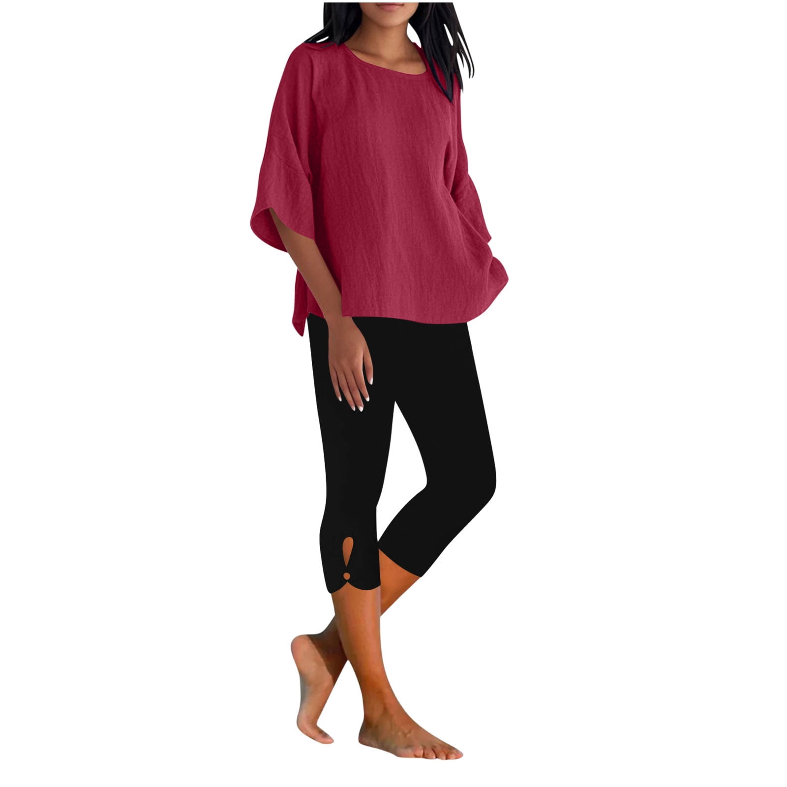 Paiyanr Cotton Linen Sets for Women Summer Breathable Tops Capris 2 ...