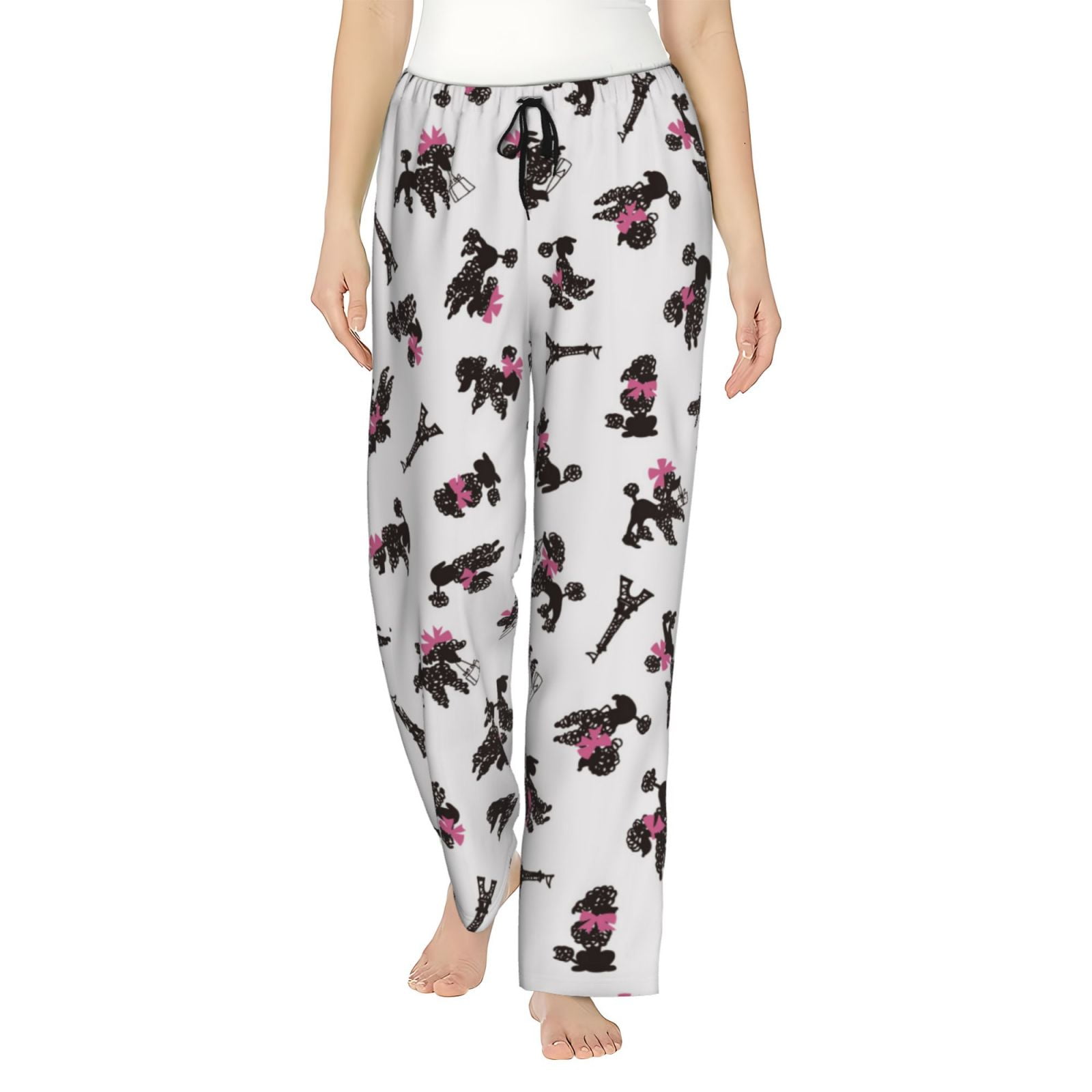 Pajama Pants Women - Abstract Cute Poodle Dog Black Wide Leg Lounge ...