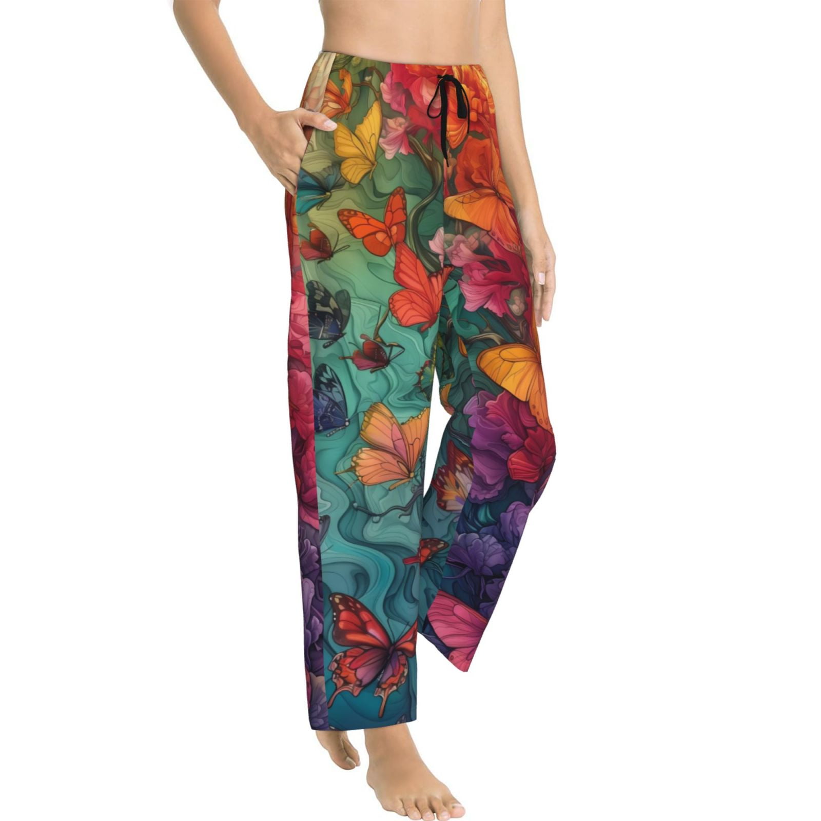 Pajama Pants Women, Butterfly Flower Cascade Lounge PJ Yoga Pants With ...