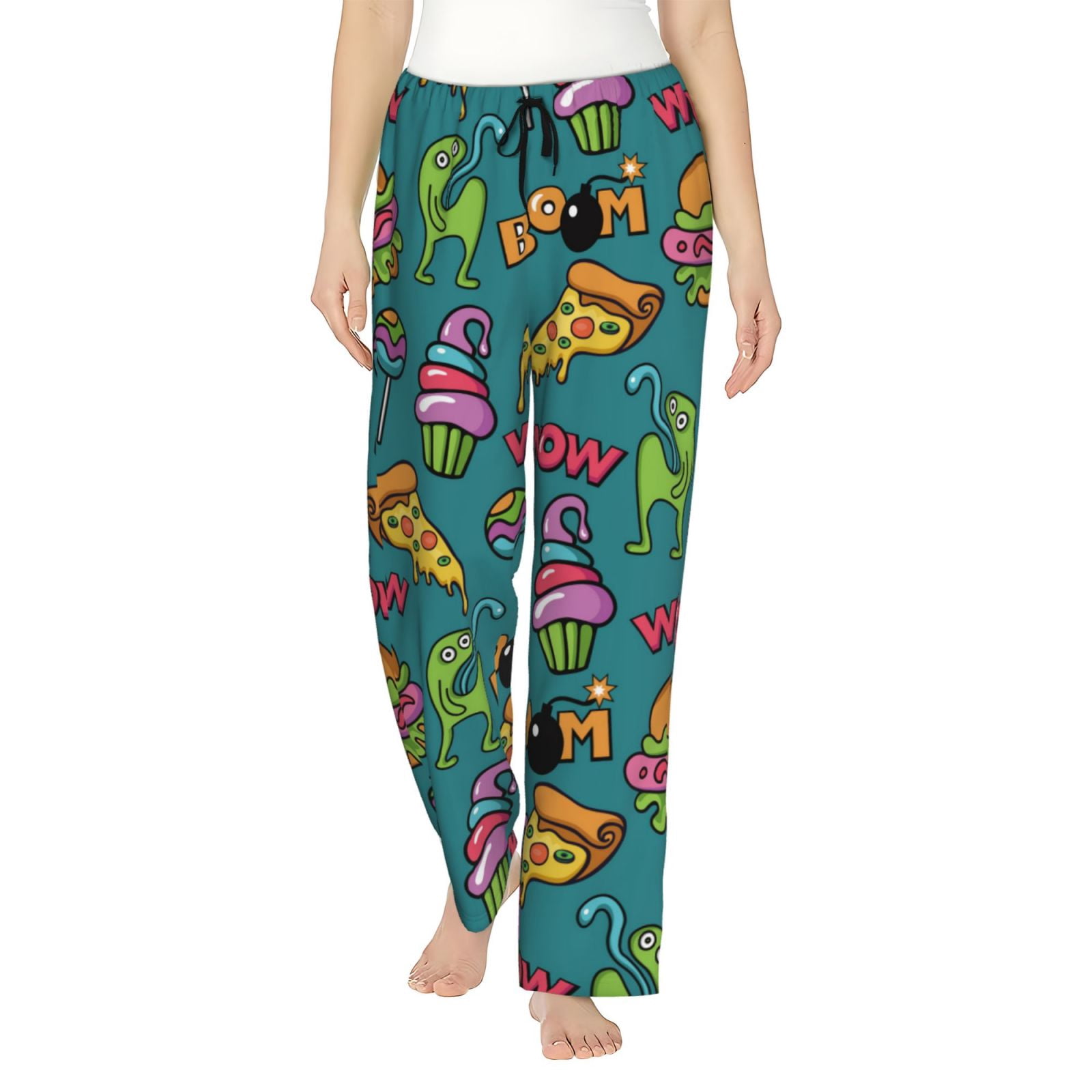 Pajama Pants Women - Cute Food Lollipop Pizza Fries Wide Leg Lounge ...