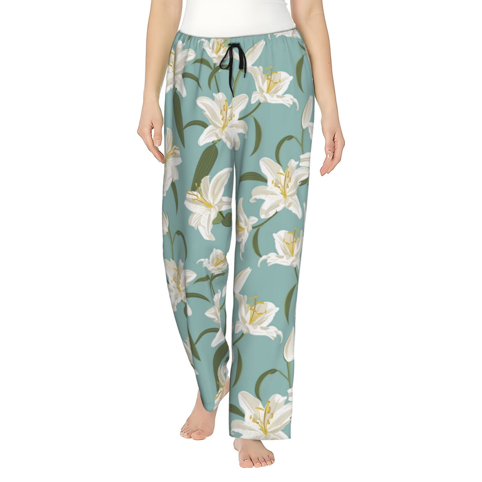 Pajama Pants Women, Cyan Blue Lilies Flowers Lounge PJ Yoga Pants With ...