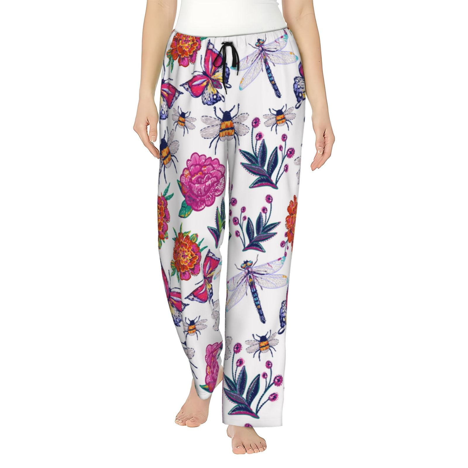 Pajama Pants Women - Dragonfly Butterfly Carnation Wide Leg Lounge Pants Women, Drawstring PJ ...