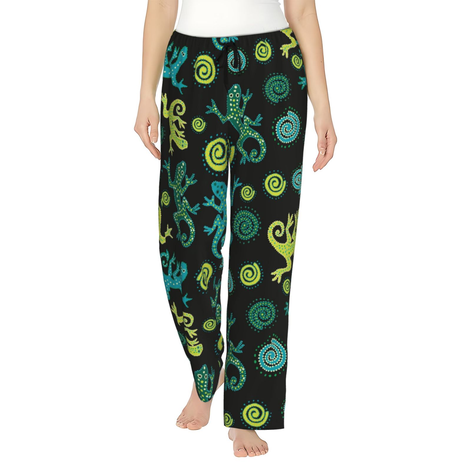 Pajama Pants Women - Exotic Abstract Cute Gecko Lizard Wide Leg Lounge ...