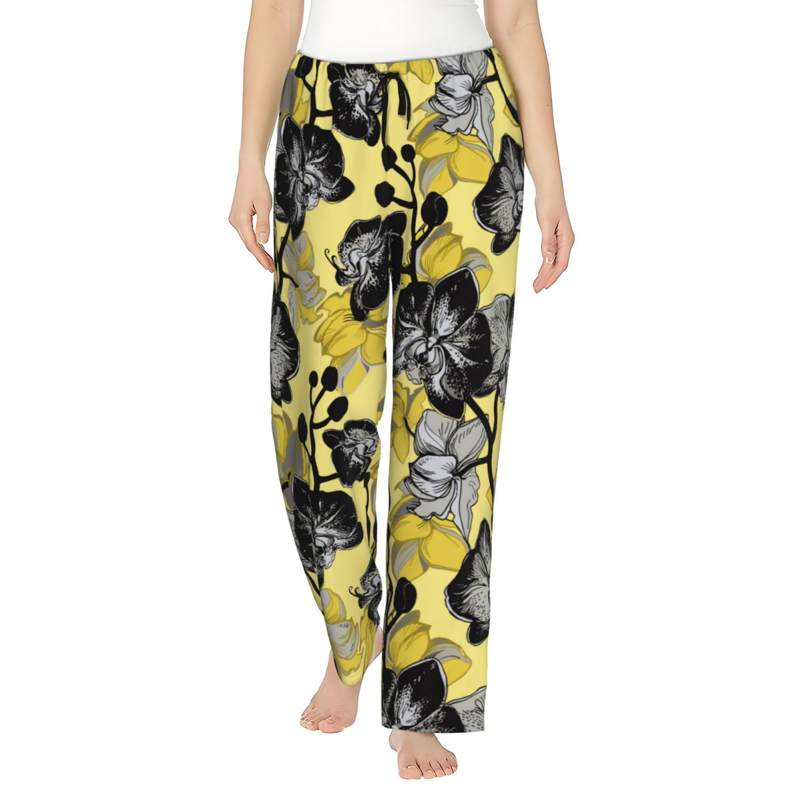Pajama Pants Women, Orchids Flowers Yellow Lounge PJ Yoga Pants With ...