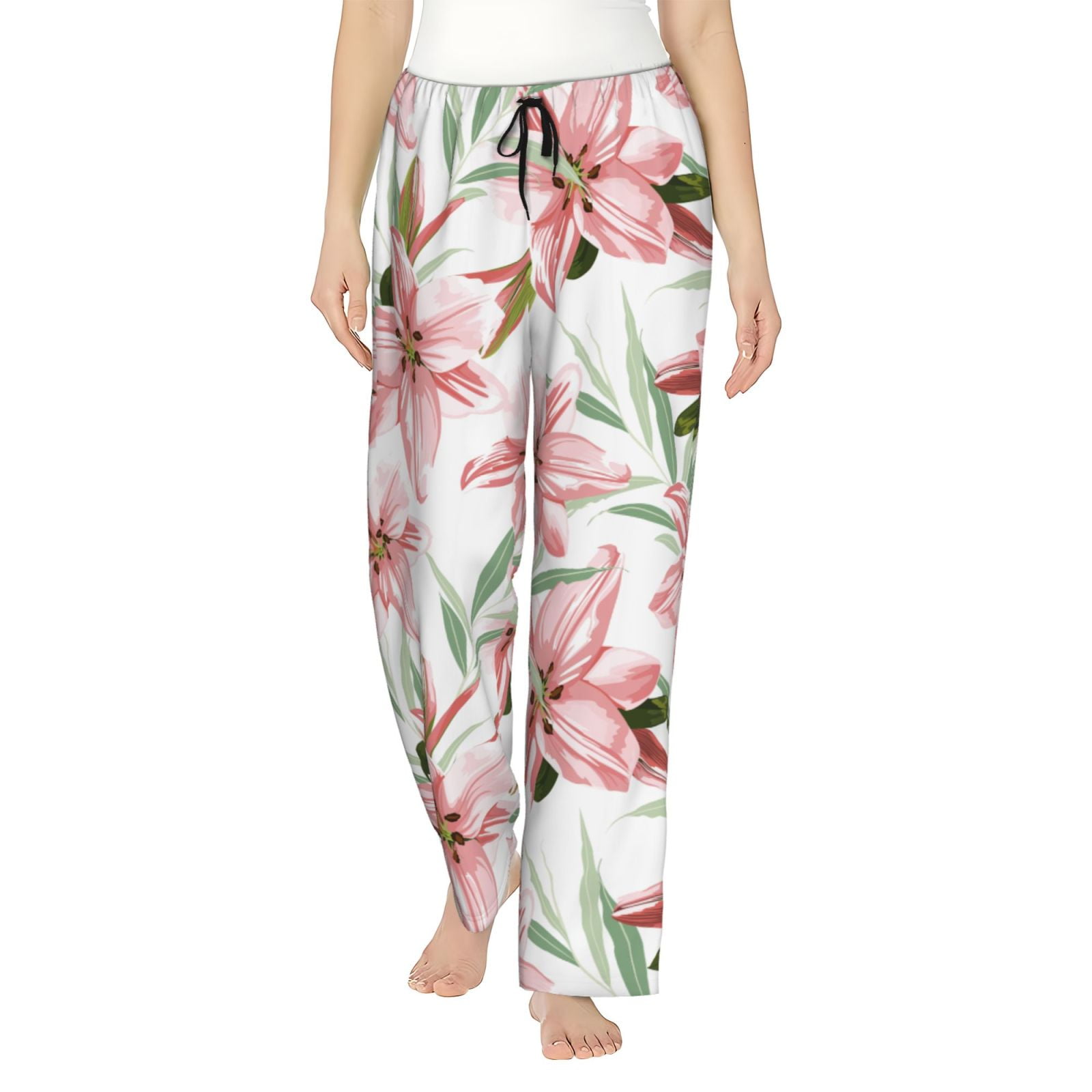 Pajama Pants Women, Pink Lilies Flowers Sweatpants Soft Sleep Lounge ...
