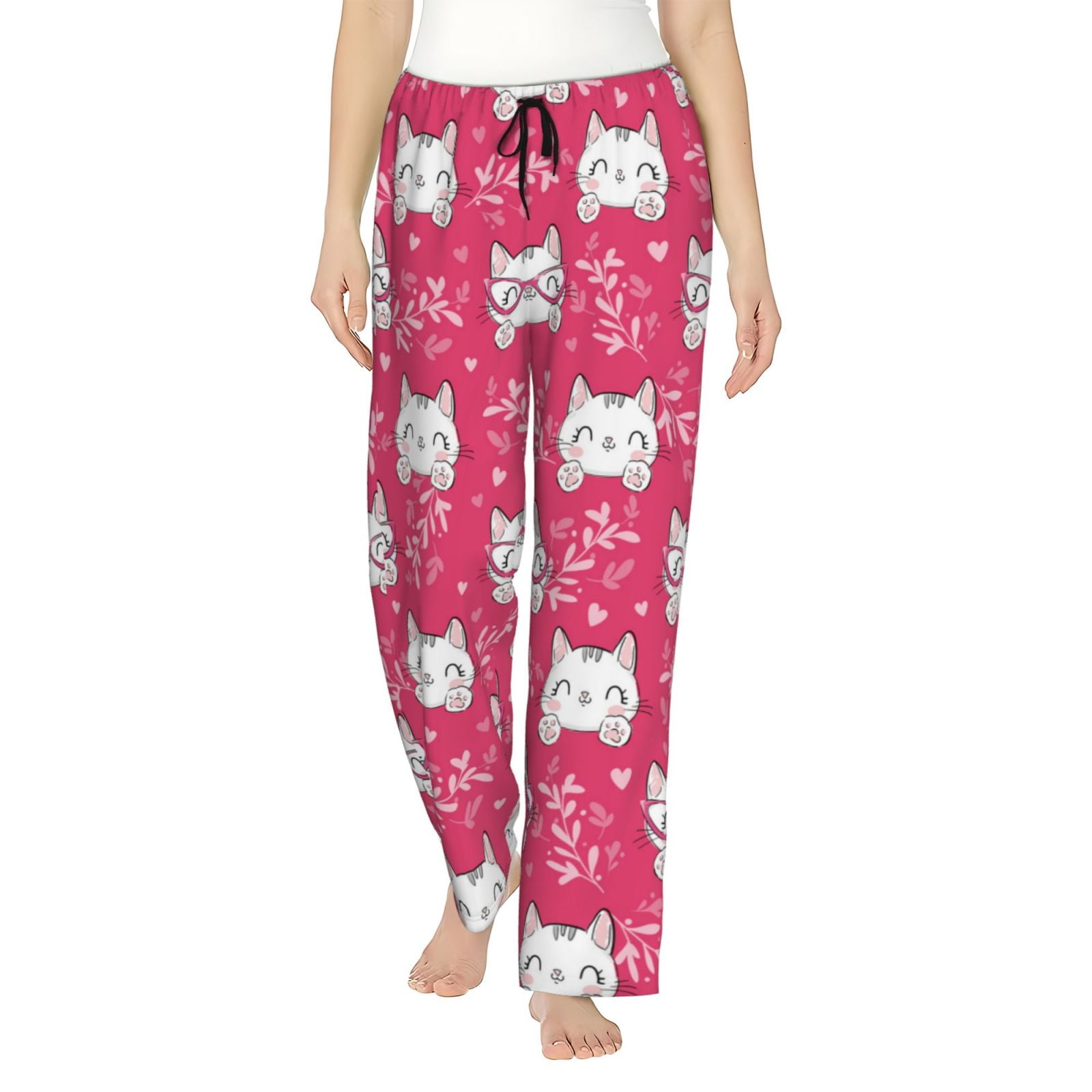 Pajama Pants Women, Rose Red Cute Smiling Cartoon Cat Lounge PJ Yoga ...