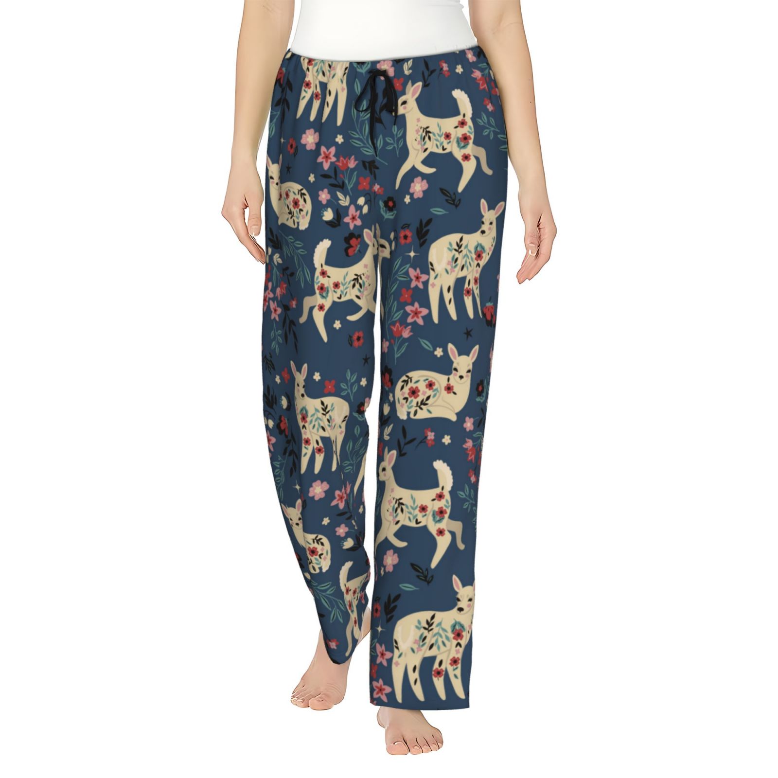 Pajama Pants Women - Rustic Flower Cute Deer Wide Leg Lounge Pants ...