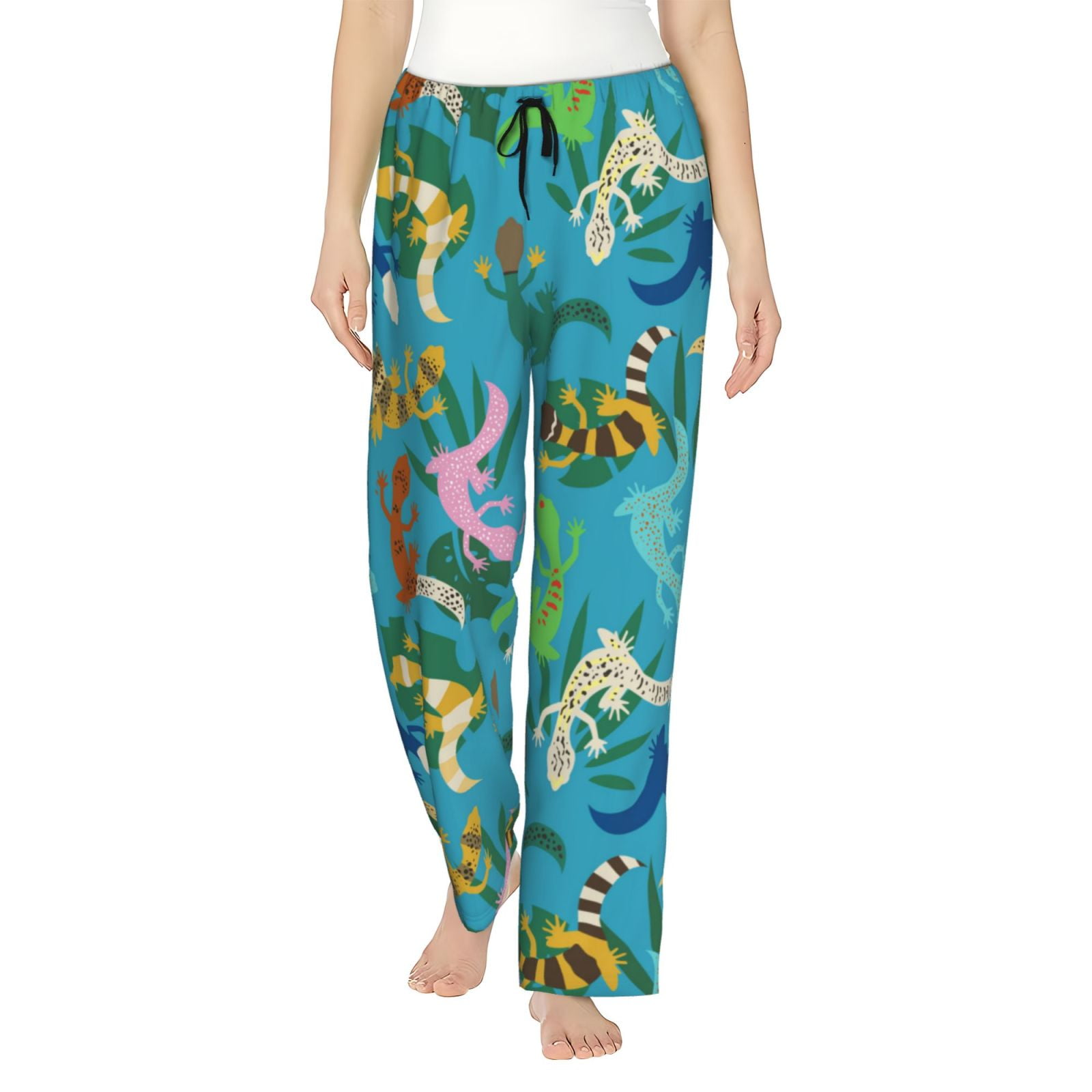 Pajama Pants Women - Striped Cute Lizard Gecko Plant_B Wide Leg Lounge ...