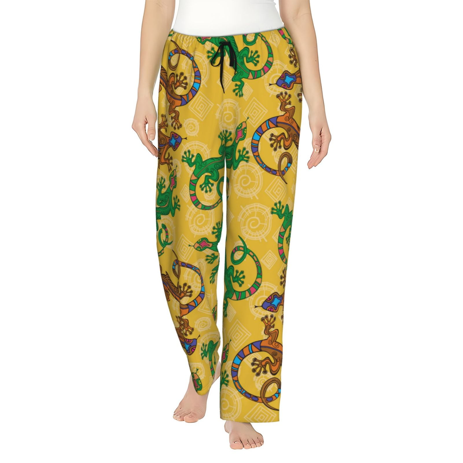 Pajama Pants Women, Tropical Funny Lizard Yellow Lounge PJ Yoga Pants ...