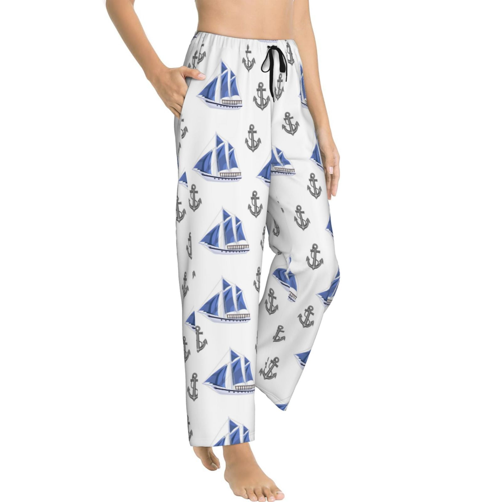 Pajama Pants Women, ship blue sails anchors white Lounge PJ Yoga Pants ...