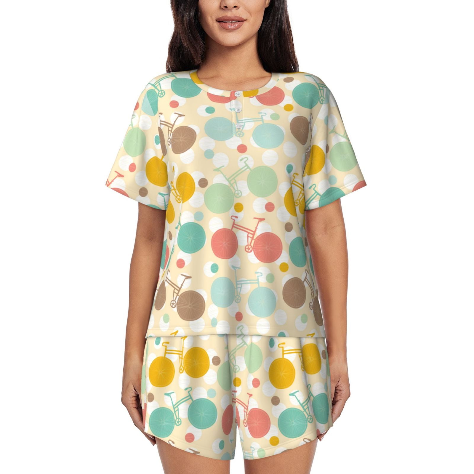 Pajama Set For Women 2 Piece - Bike Pattern Colorful Lounge Set Short Sleeve Tops And Shorts Pj ...