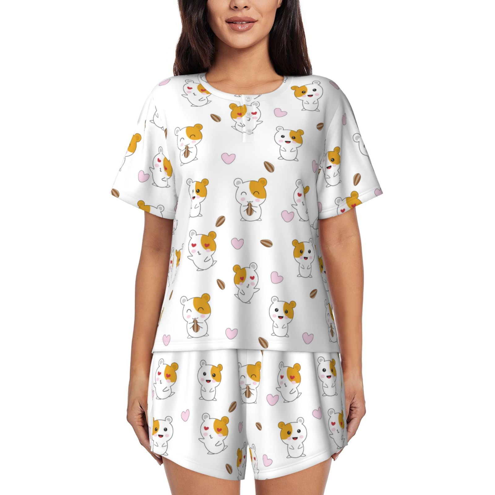 Pajama Set For Women 2 Piece - Cartoon Cute Hamster Love Lounge Set ...