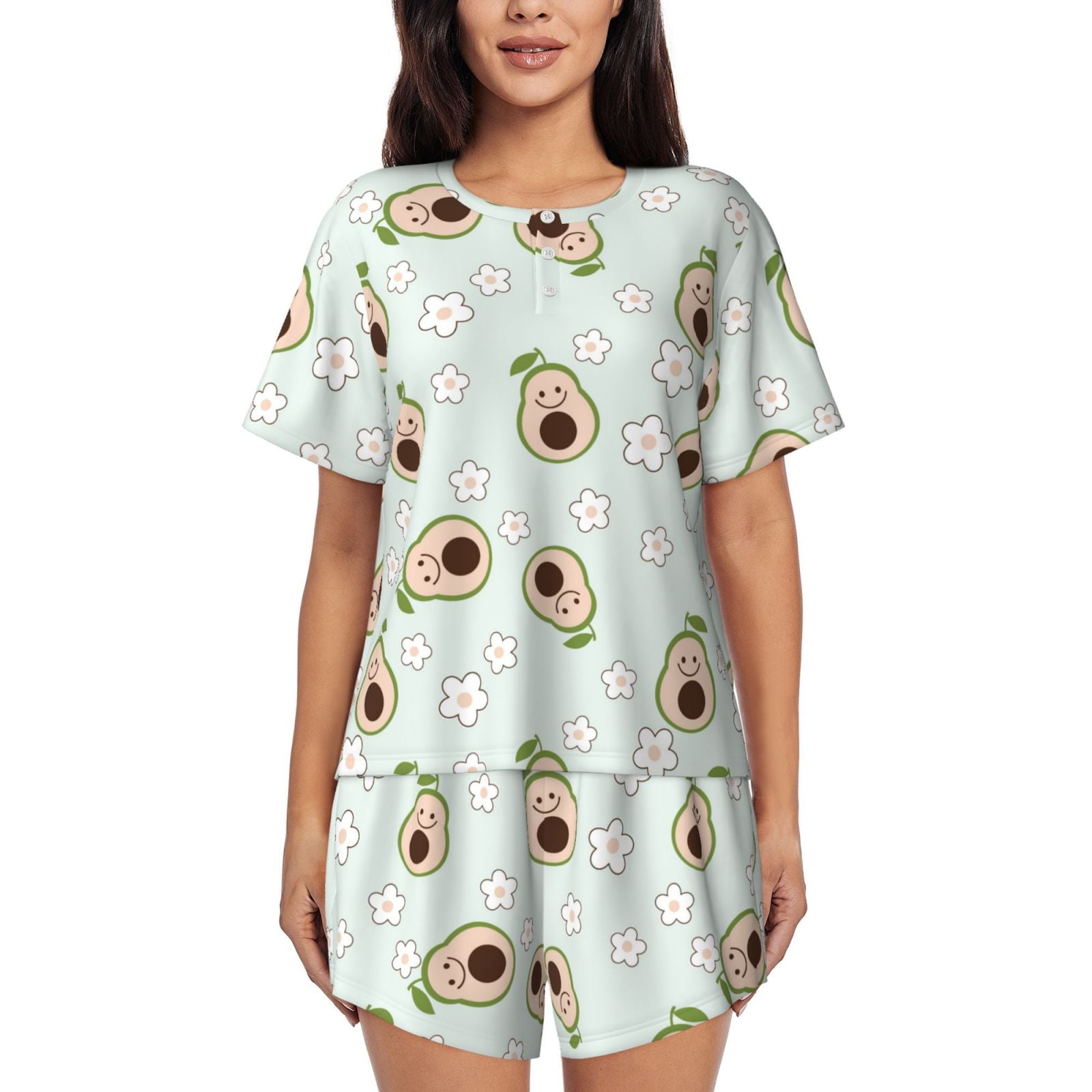 Pajama Set For Women 2 Piece - Cute Avocado Flower Green Lounge Set ...